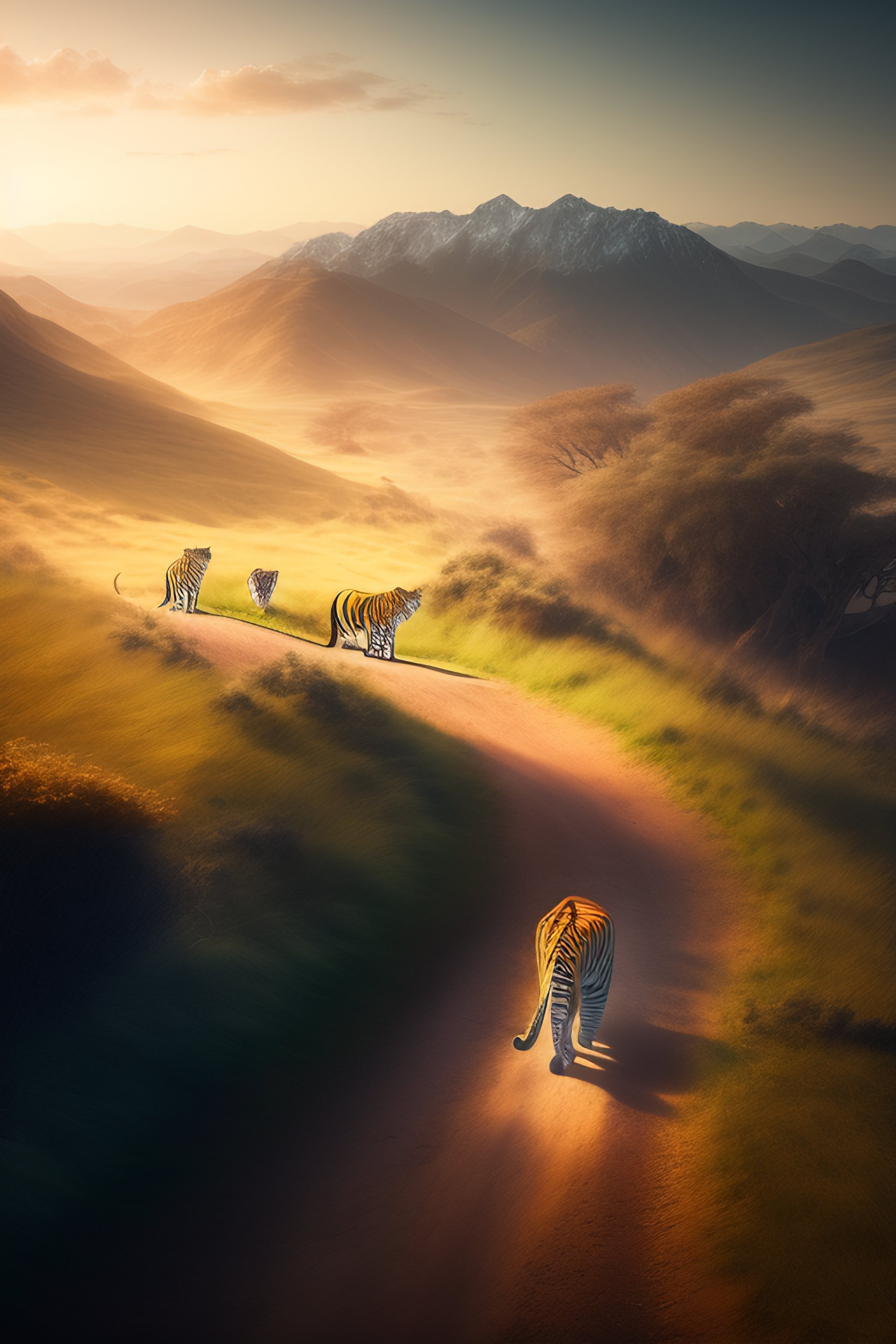 Lexica - A tiger along with his babies walking besides the valley,8k ...