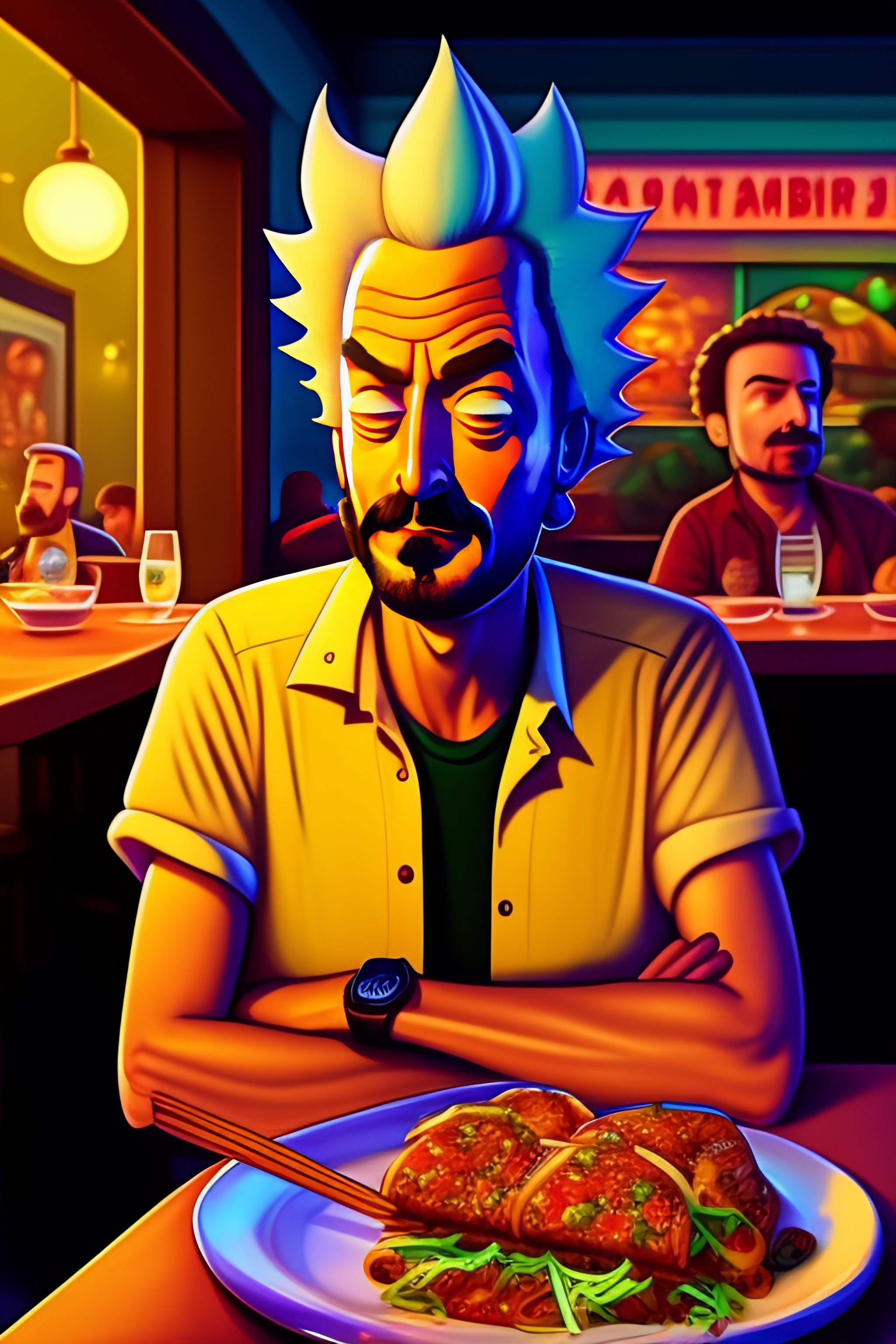 Lexica - A portrait of Rick and morty, eating kebab in kebaba restaurant