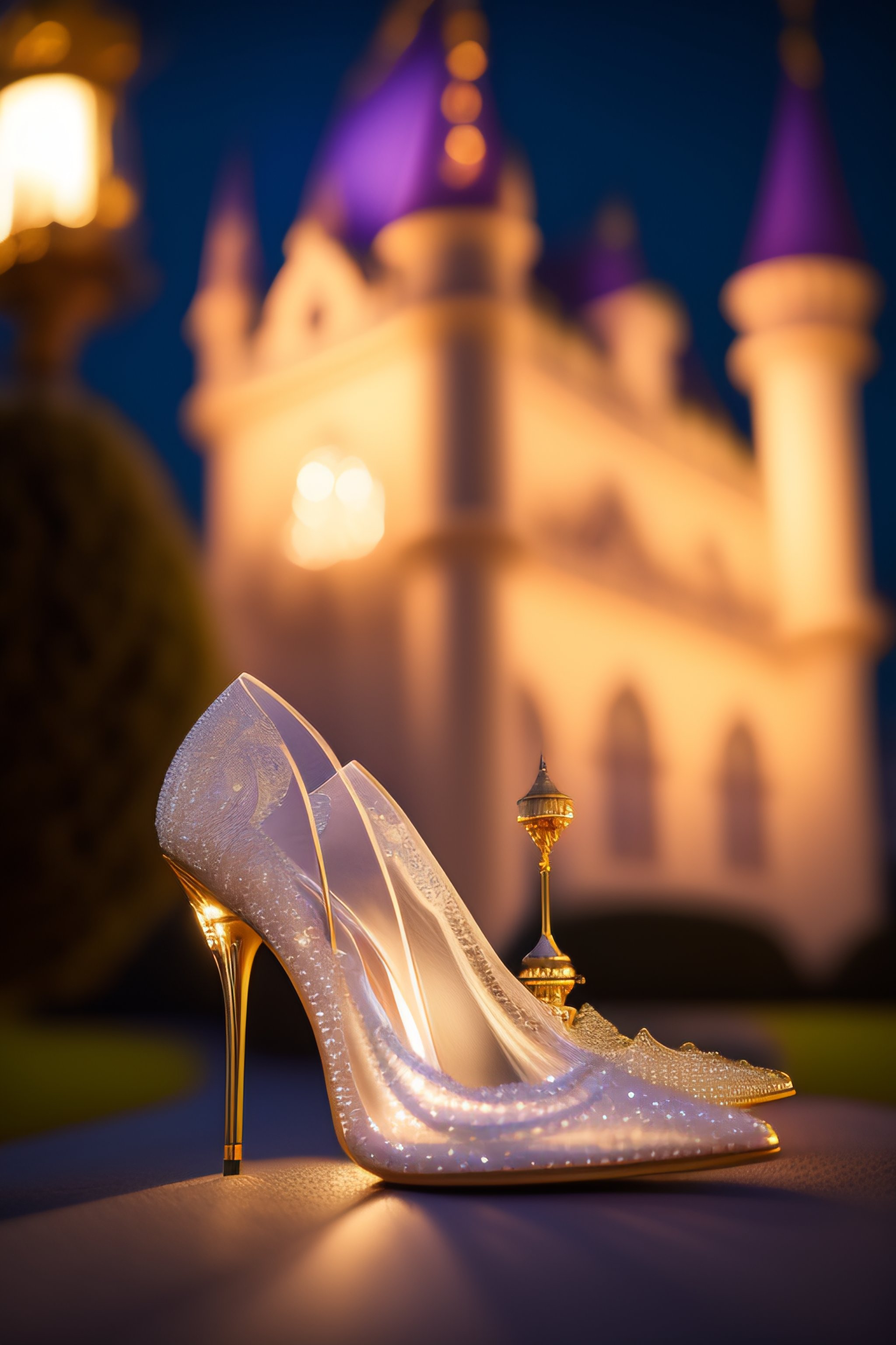 Lexica - Shiny clear intricate high heel shoe in front of a castle, 8k ...