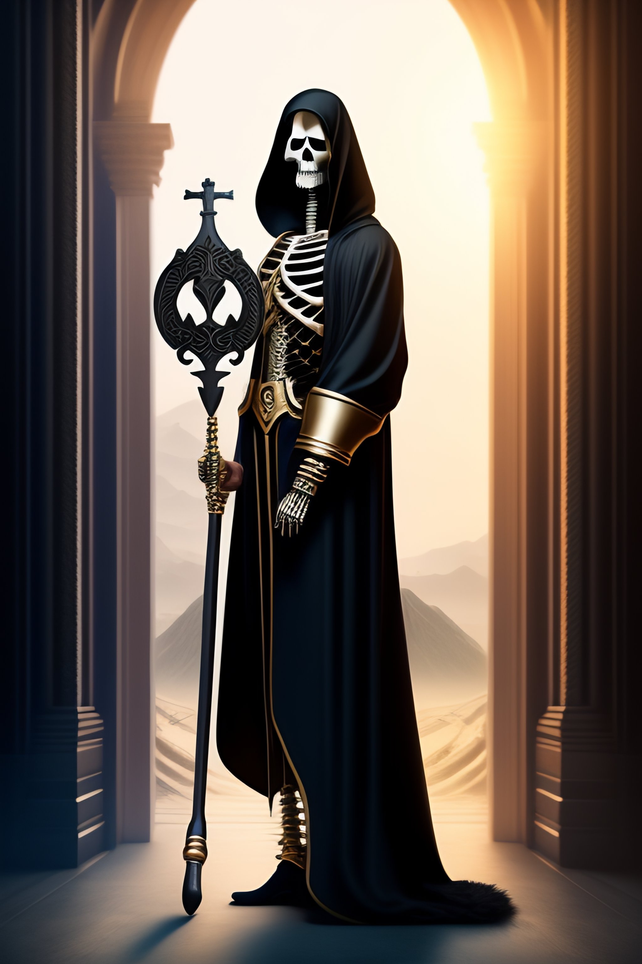 Lexica - Skeleton in black ceremonial robe carrying large bone scythe ...