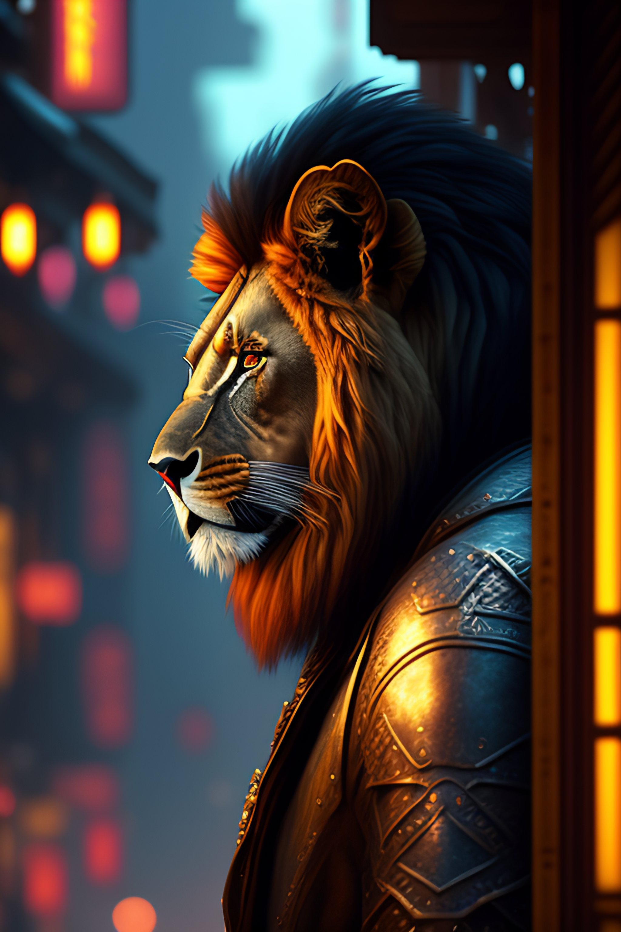 Lexica - Ronin lion entering a cyberpunk saloon