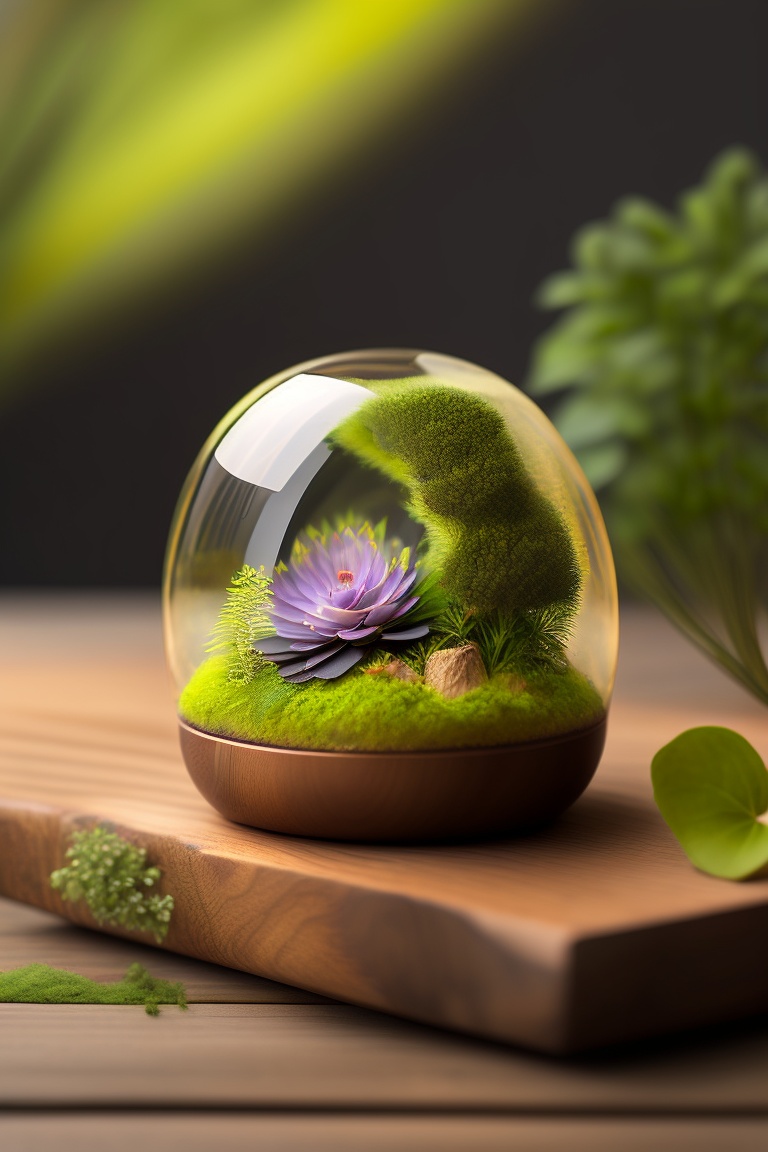 Lexica - Moss on a dead wooden piece in a glass terrarium, gold detail ...