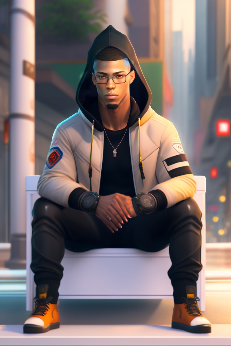 Lexica - Mixed-skinned man, smooth face, no hair, sitting on a white ...
