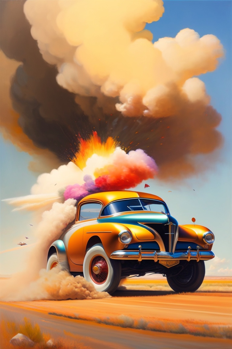 Lexica - Exploding car, a painting by norman rockwell, thick brush strokes