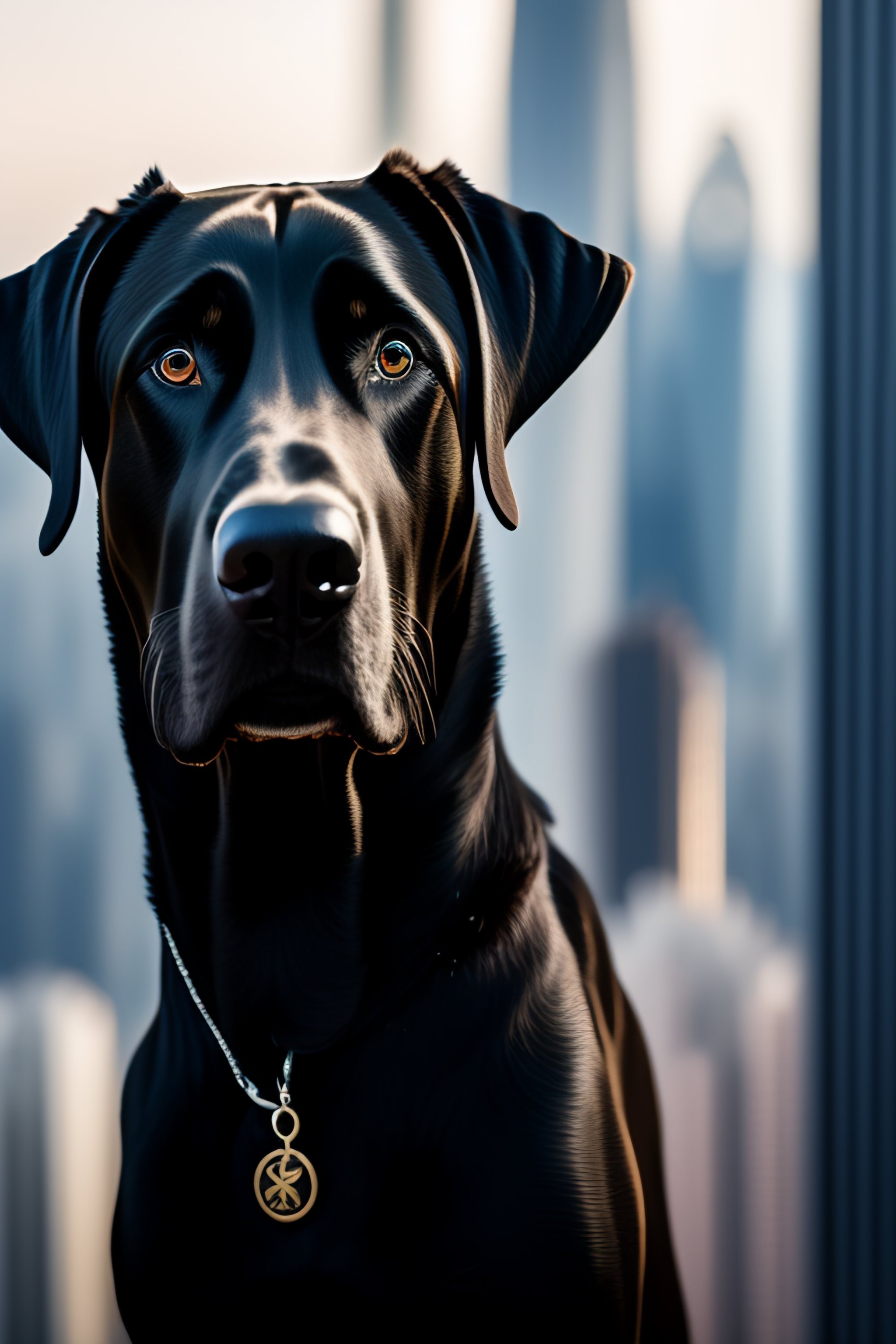 Lexica - Portrait of a cute black labradane standing on a skyscraper in ...