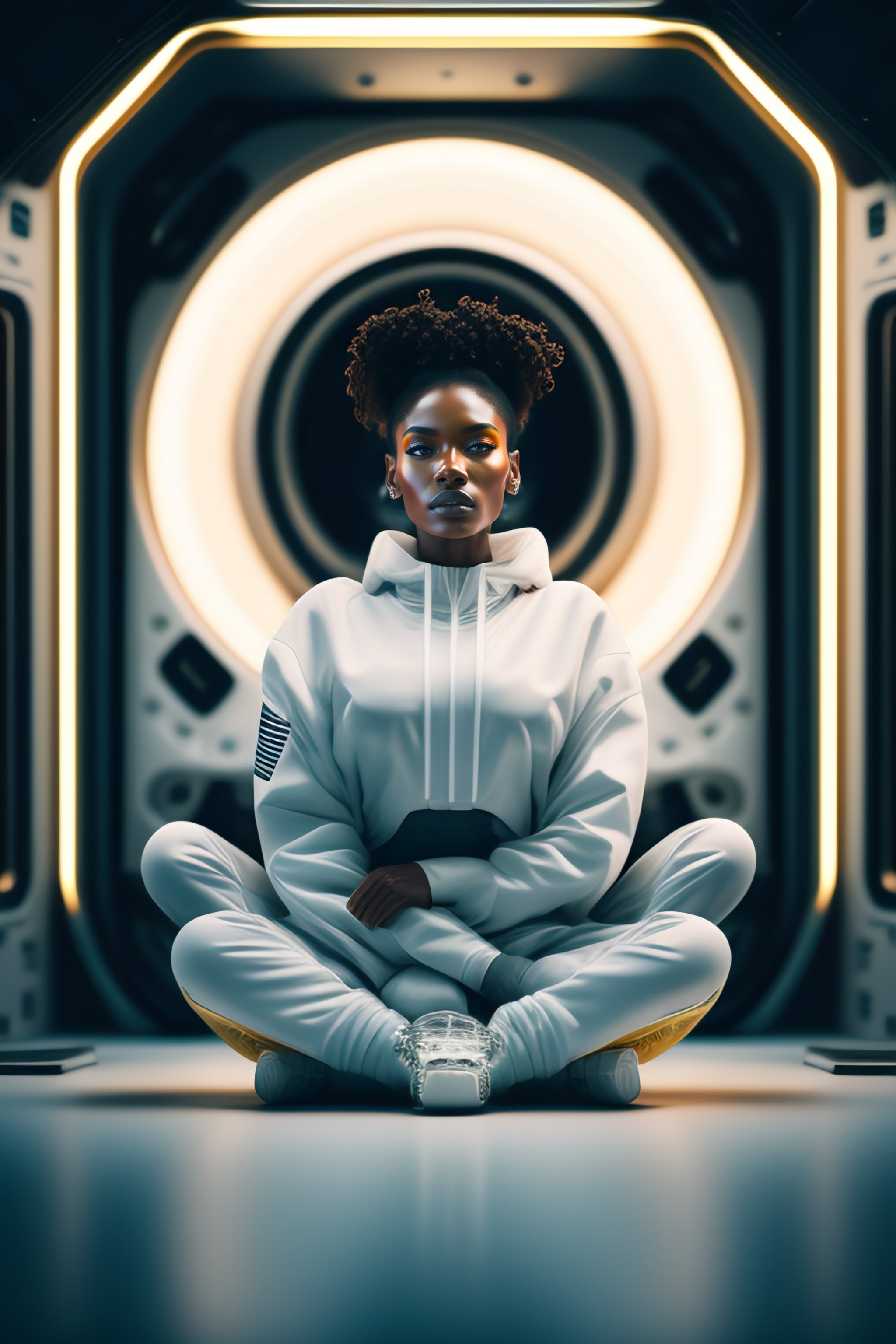 Lexica - Female in a sitting pose trapped in a small space station ...