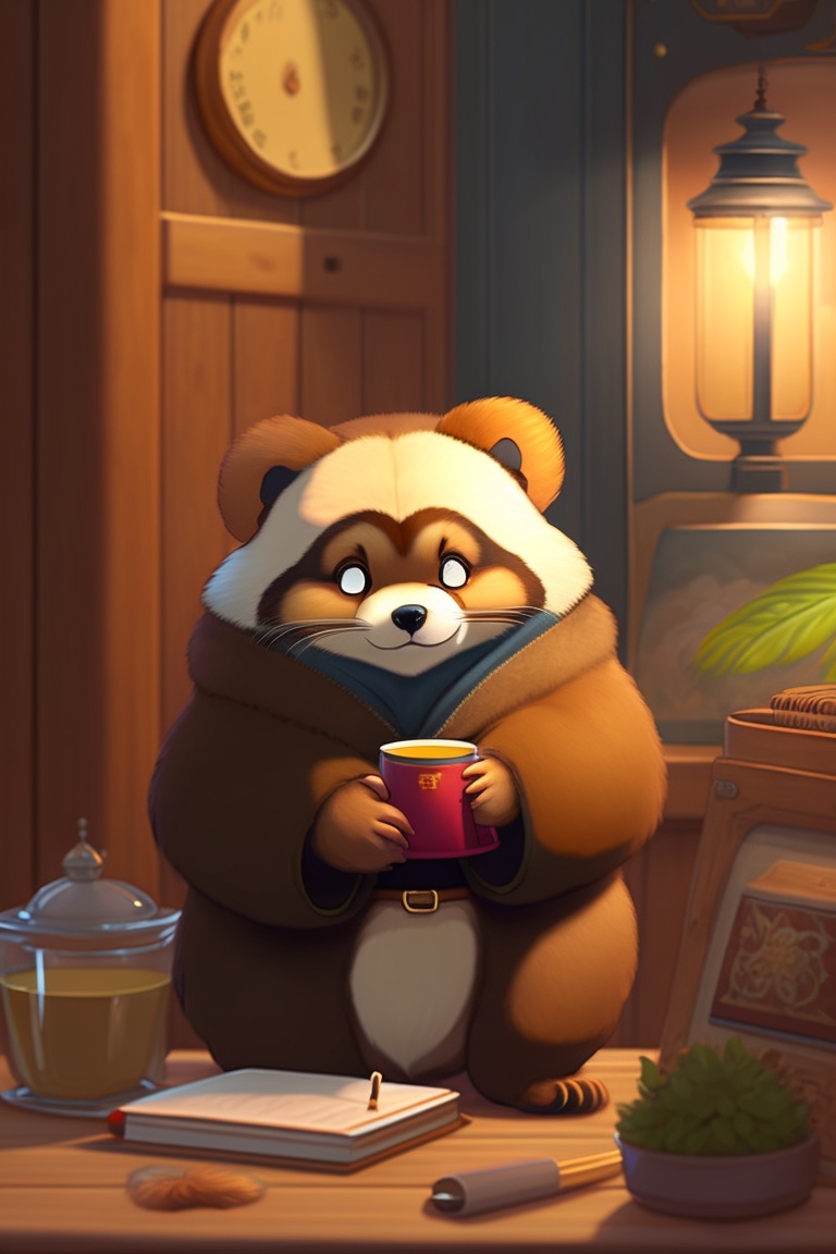 Lexica - Tanuki, with cookie and tea in hand, in front of laptop, from ...