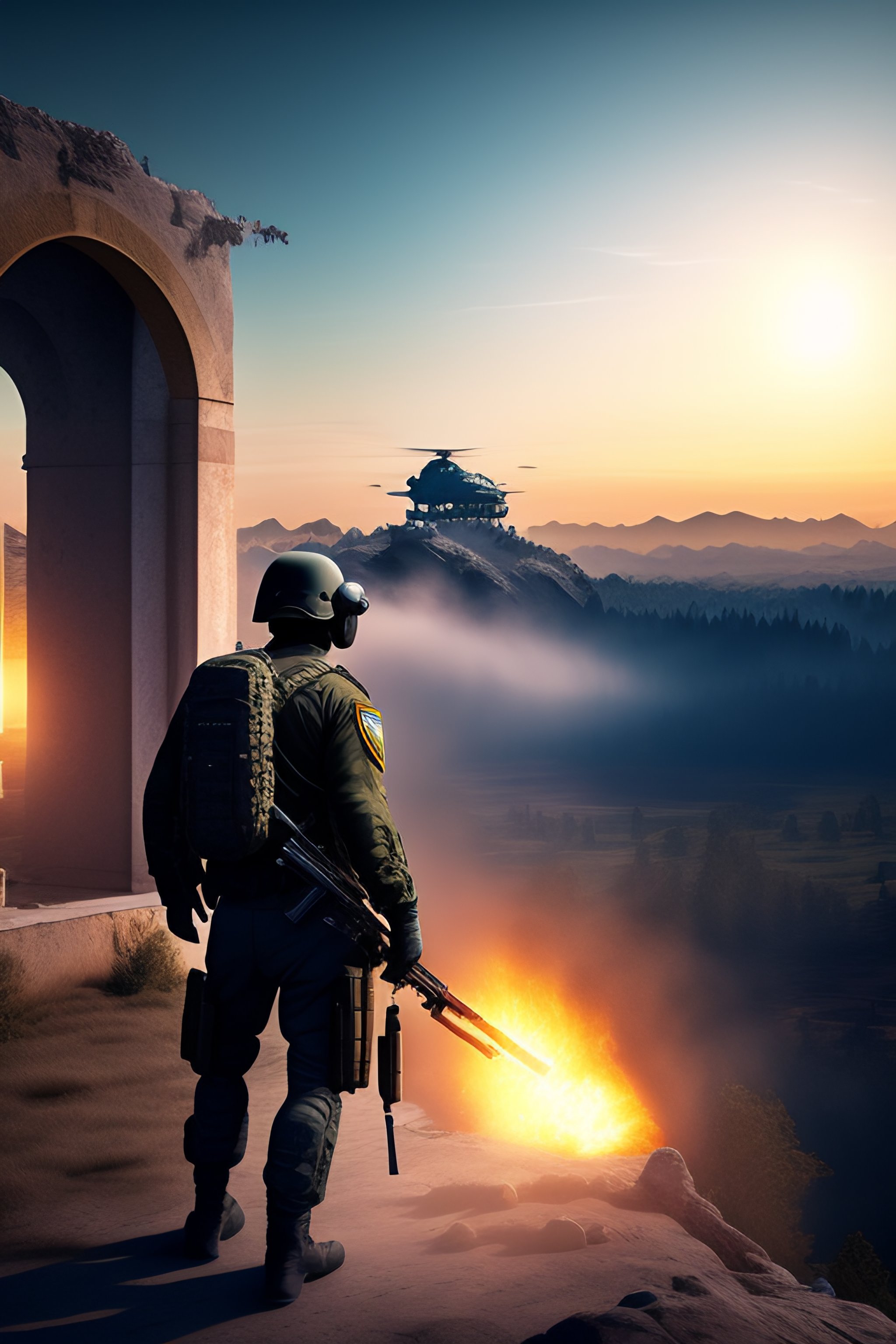 Lexica - Real swat, over ruins, smoke, sunrise, weapon, 100% realistic