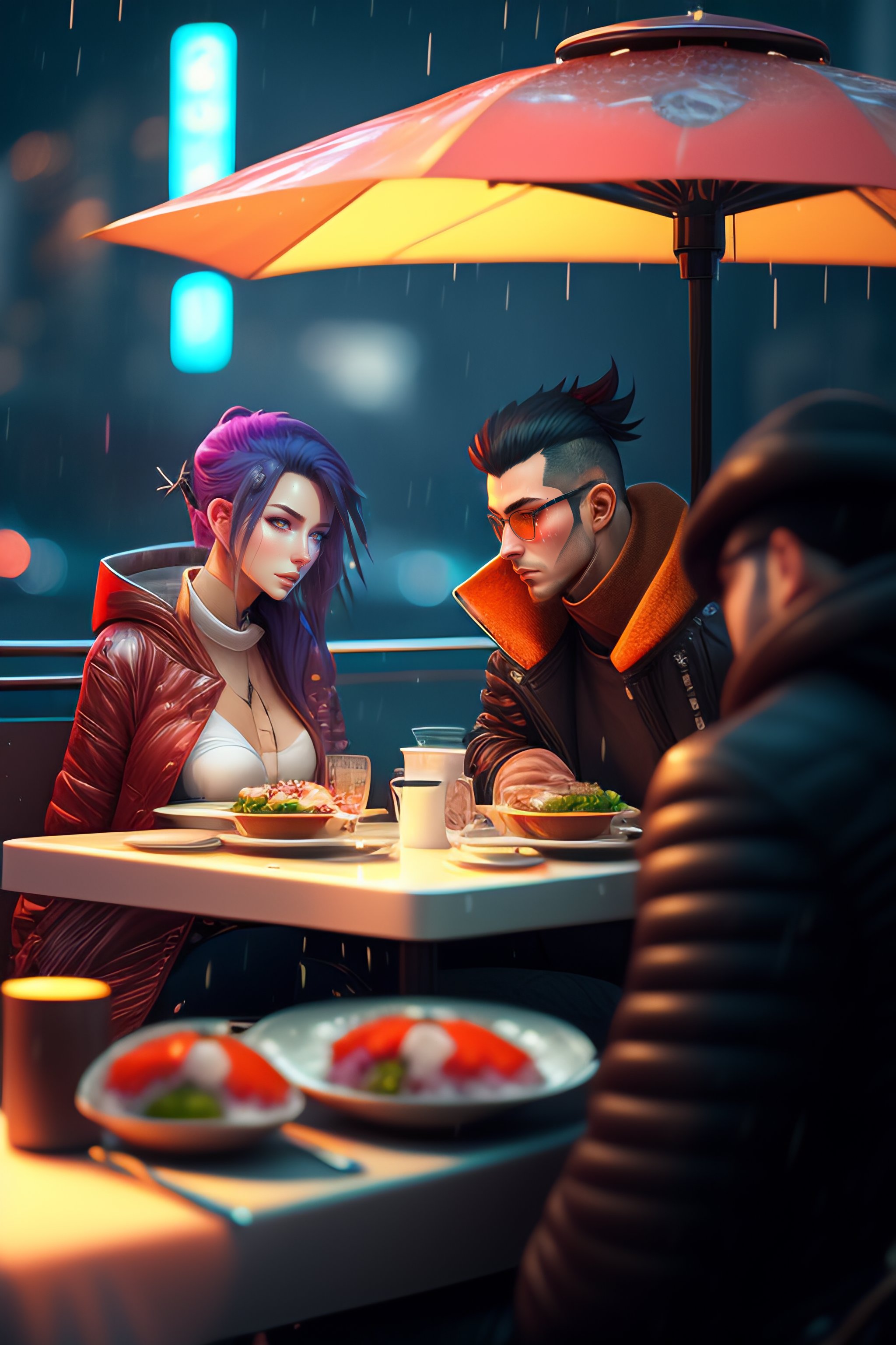 Lexica - A group of cyberpunk cyborg eating sushi on a table outside in ...