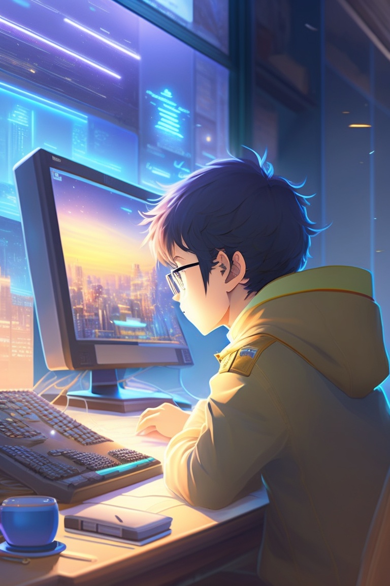 Lexica - A nerdy boy is programming at a computer in a room full of ...