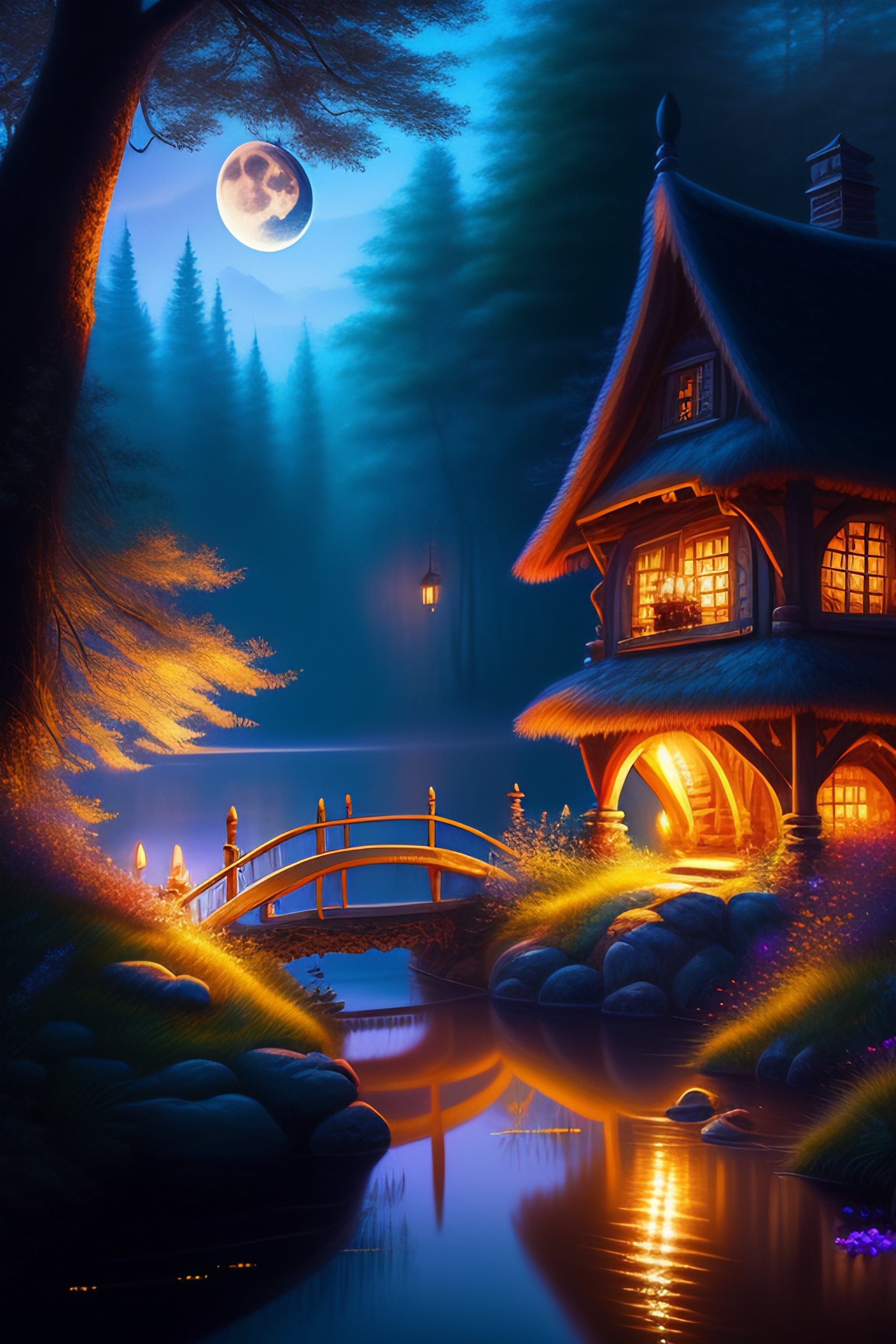 Lexica - Painting, high detail, woodland village, in the night, fantasy ...