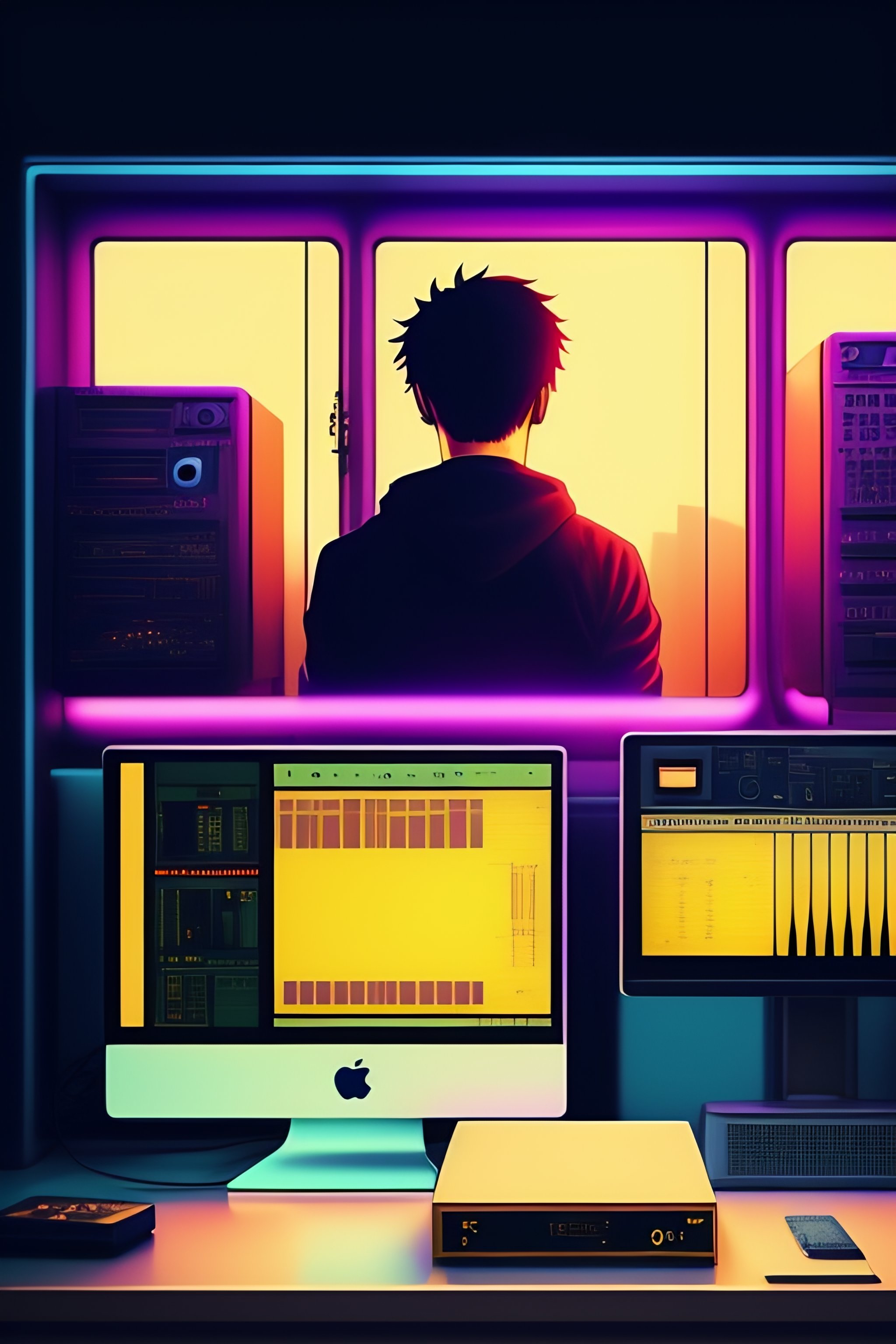 Lexica - A person sitting at a desk in front of a computer, an album ...