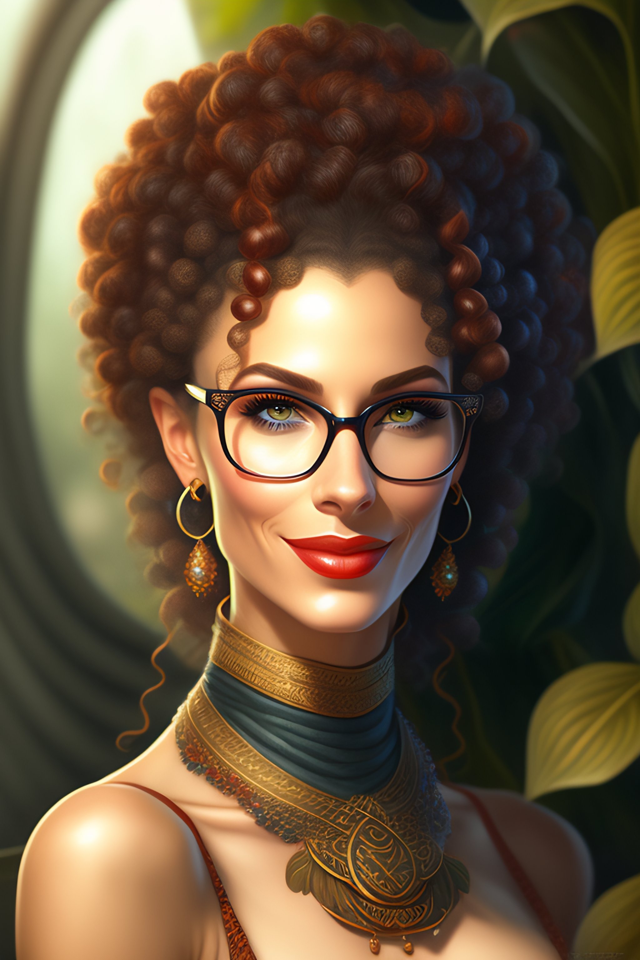 Lexica - Face, Caucasian woman, broad chin, tied curly hair, glasses ...