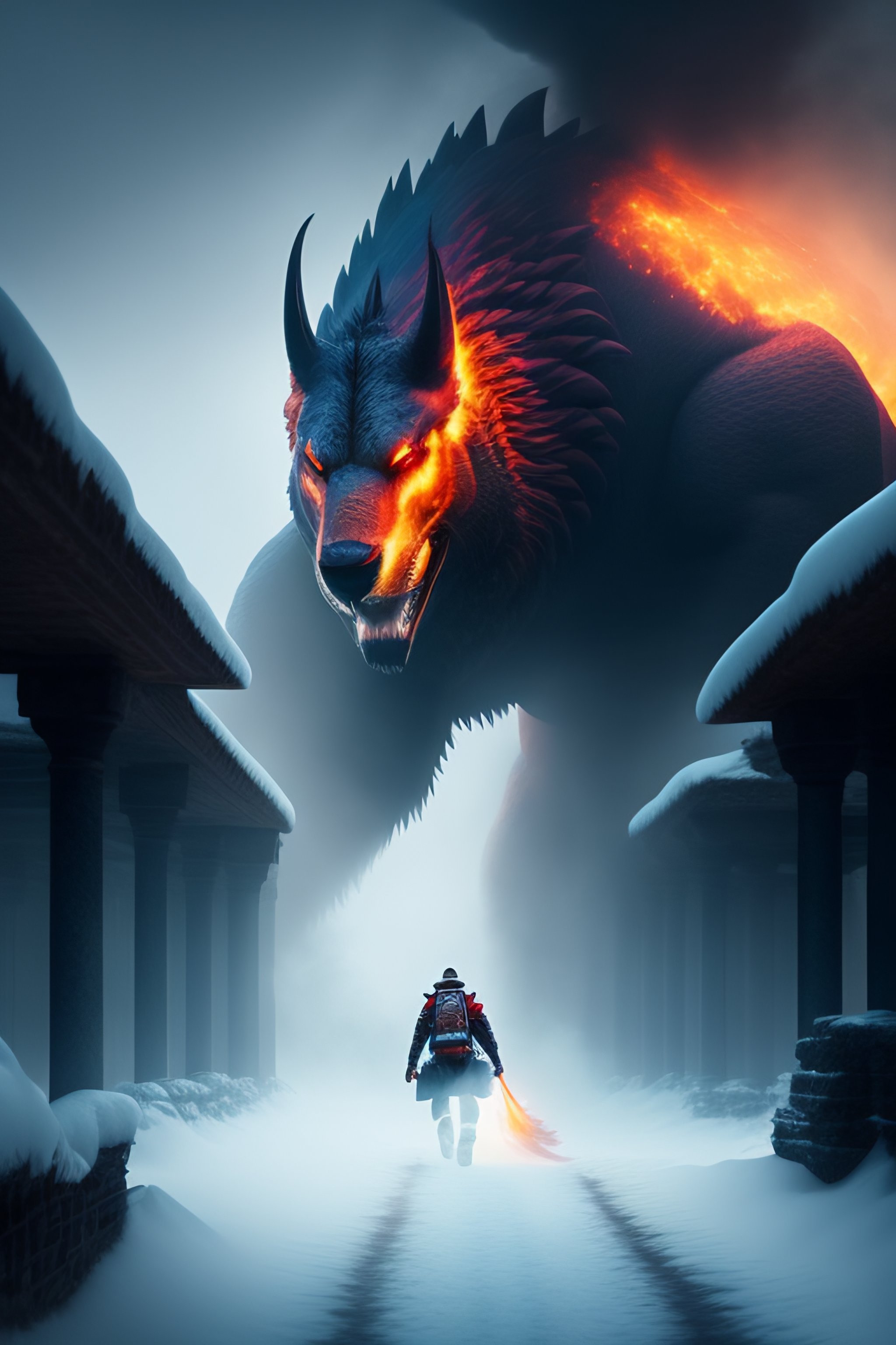 Lexica - A large fire beast chases a man who is trying to hide in some ...