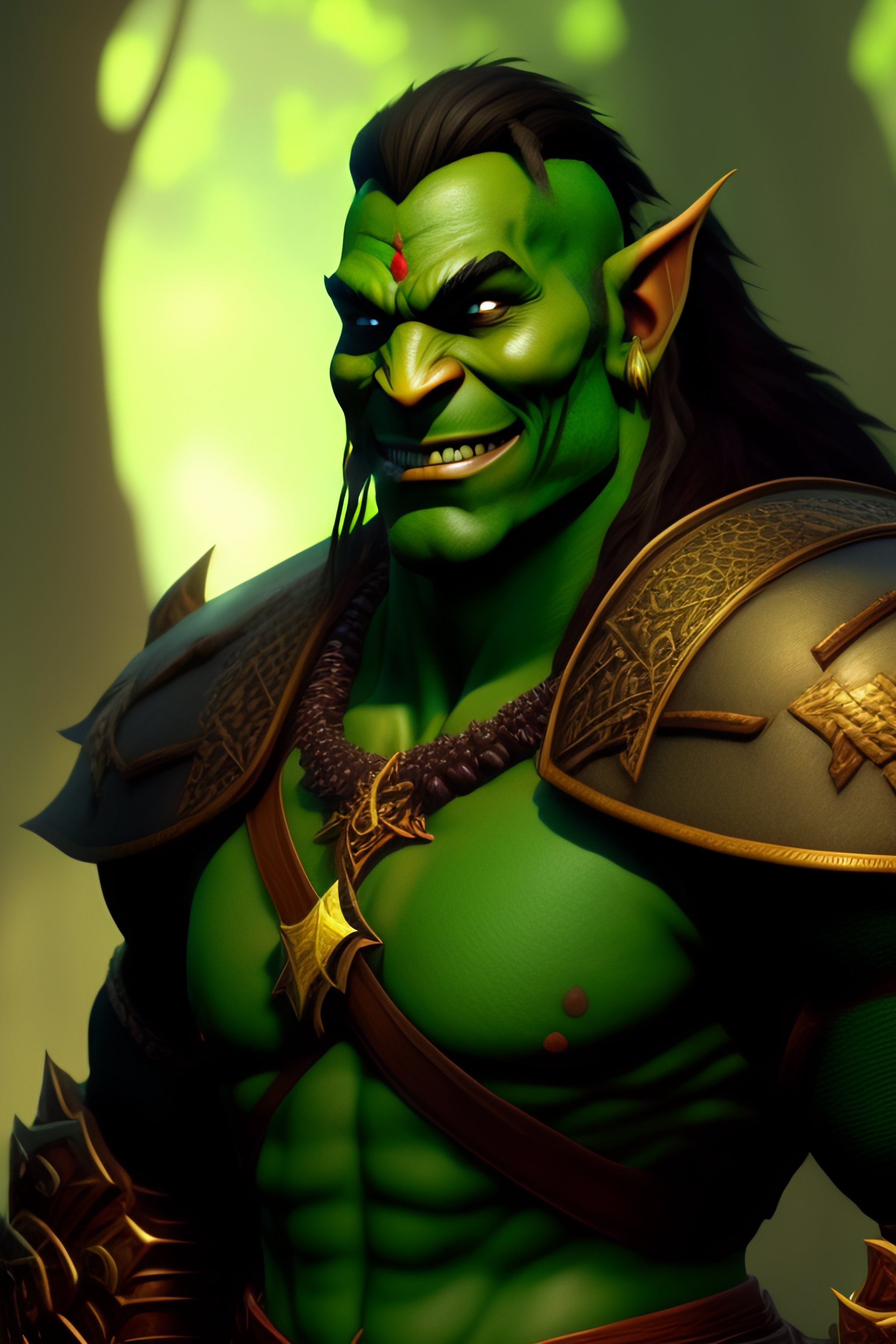 Lexica - Dark-green skinned friendly kind handsome orc, smiling, shy ...