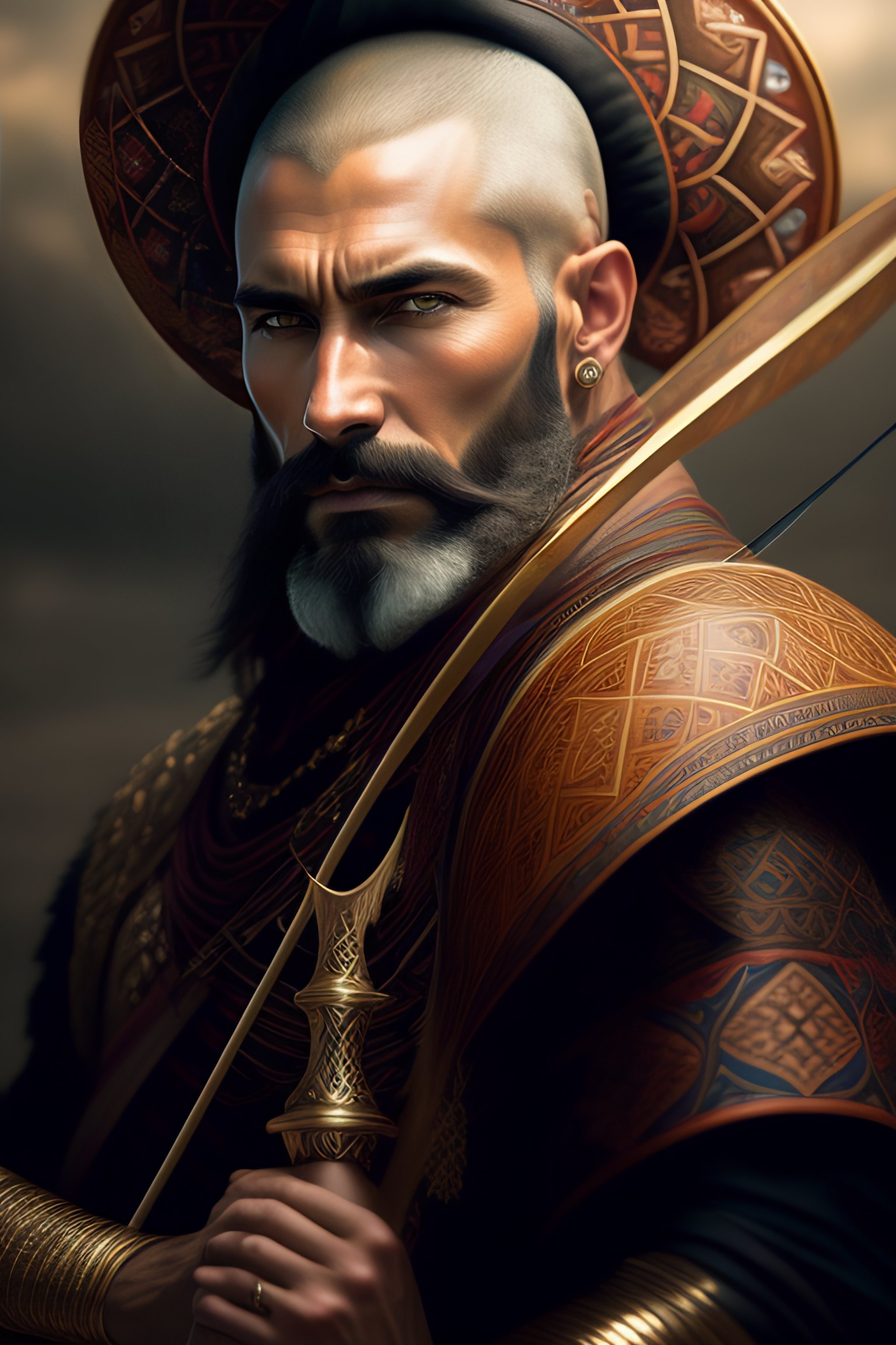 Lexica - A caucassian archer holding a bow 45 years old, shaved head ...