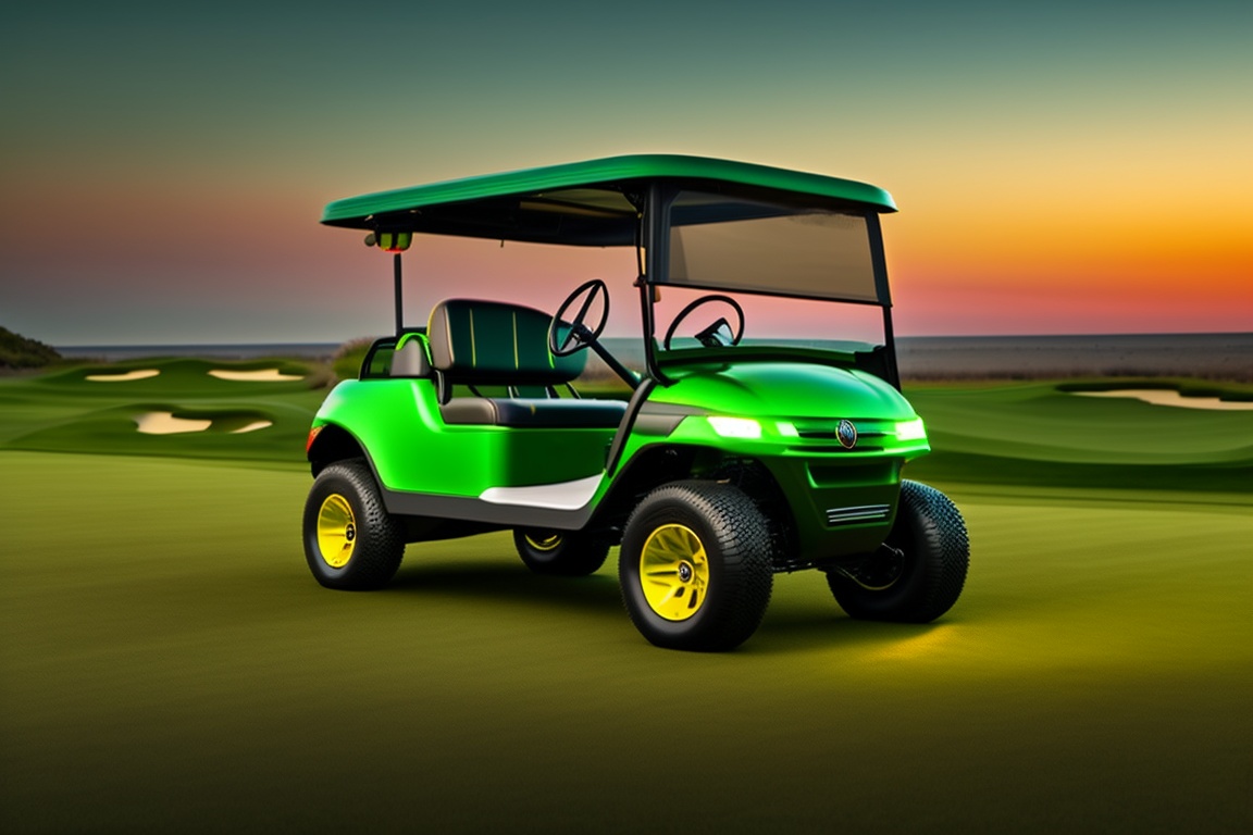 Lexica - A golf cart with green neon headlights, at dusk on a golf ...