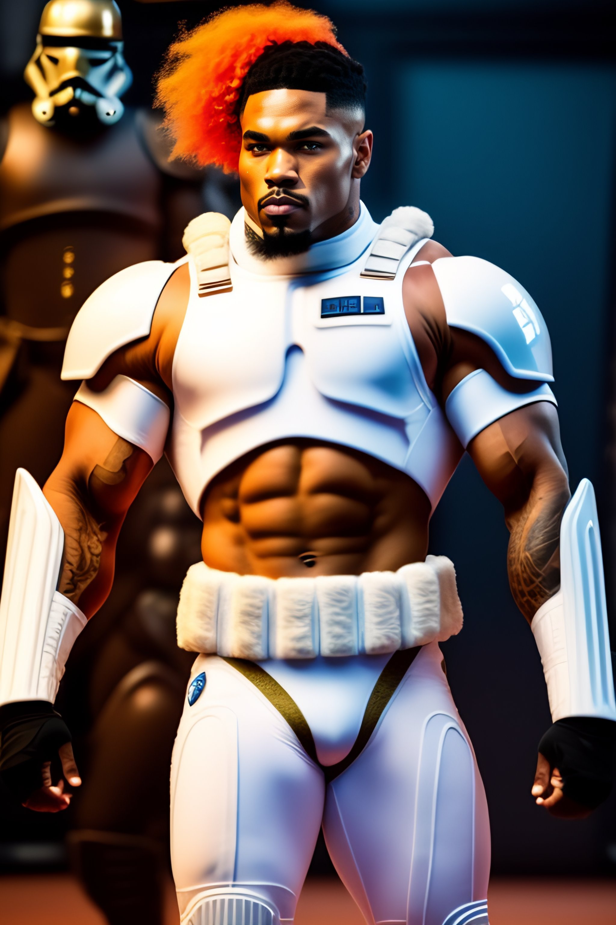 Lexica - A buff man with light skin blue fiery hair wearing ...