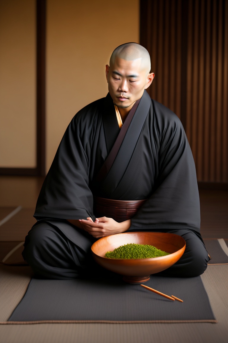 Lexica - A Zen monk, with a shaved head, in a black habit, seated in ...