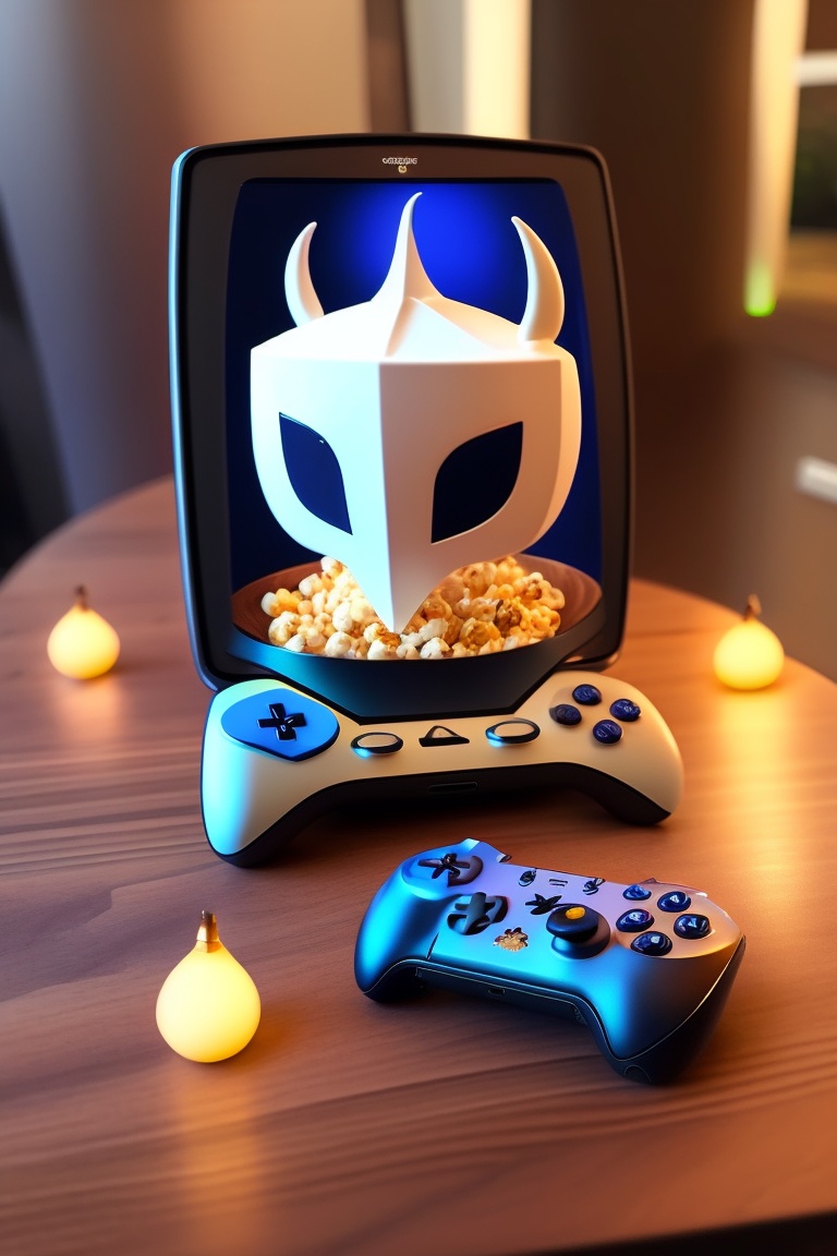 Lexica - Hollow knight playing zelda ,ps5 gamepad, popcorn, digital art