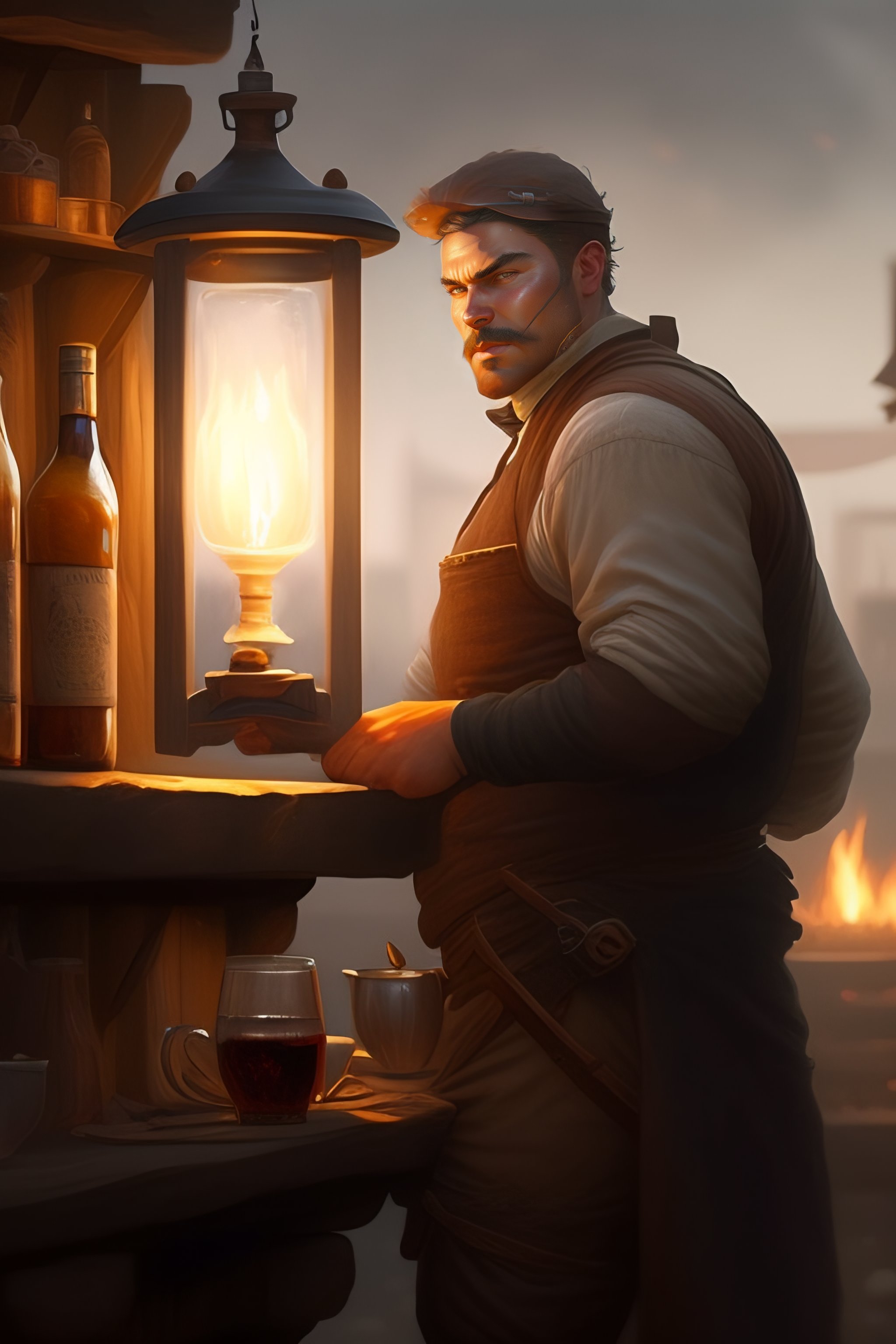 Lexica - Medieval blacksmith and apprentice, drunk, stubble, leering ...