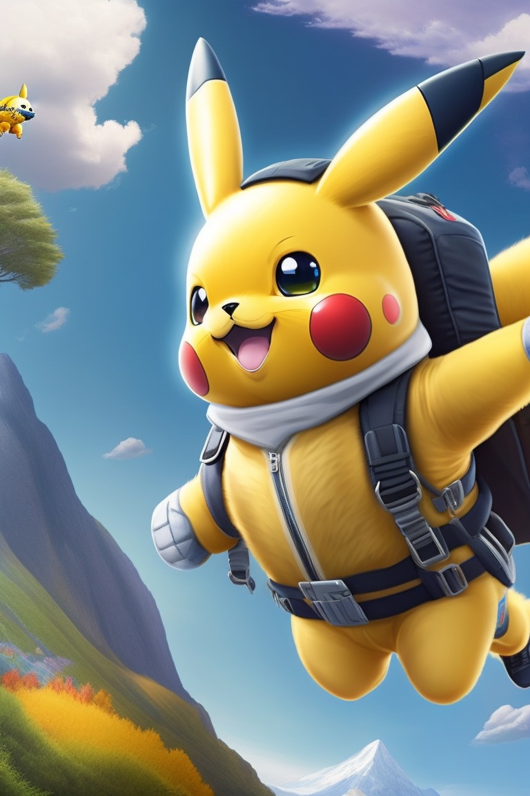Lexica - Pikachu skydiving with ash,greeninja from mountain