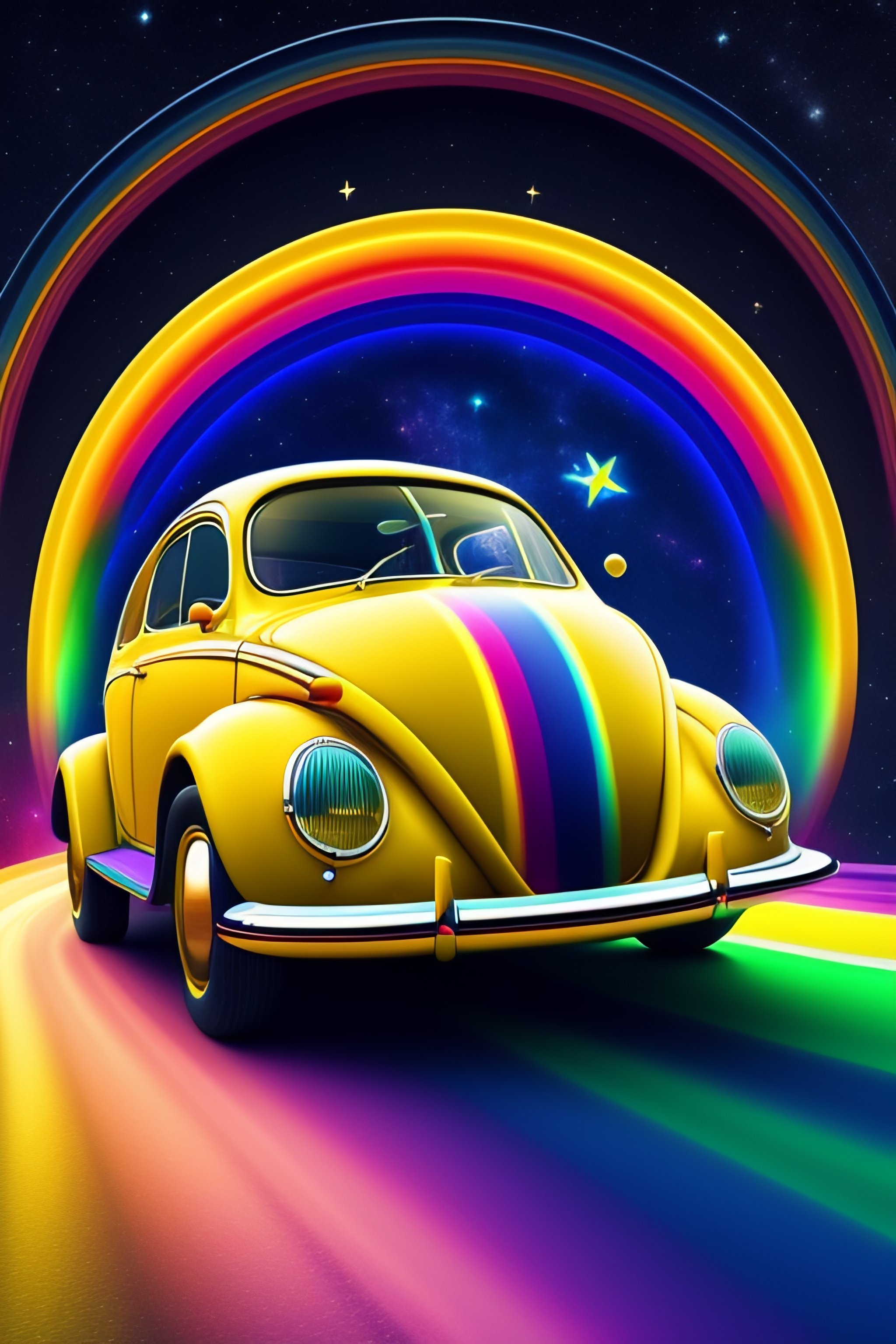Lexica - 1960s yellow voltswagen bug driving on a rainbow road in space ...