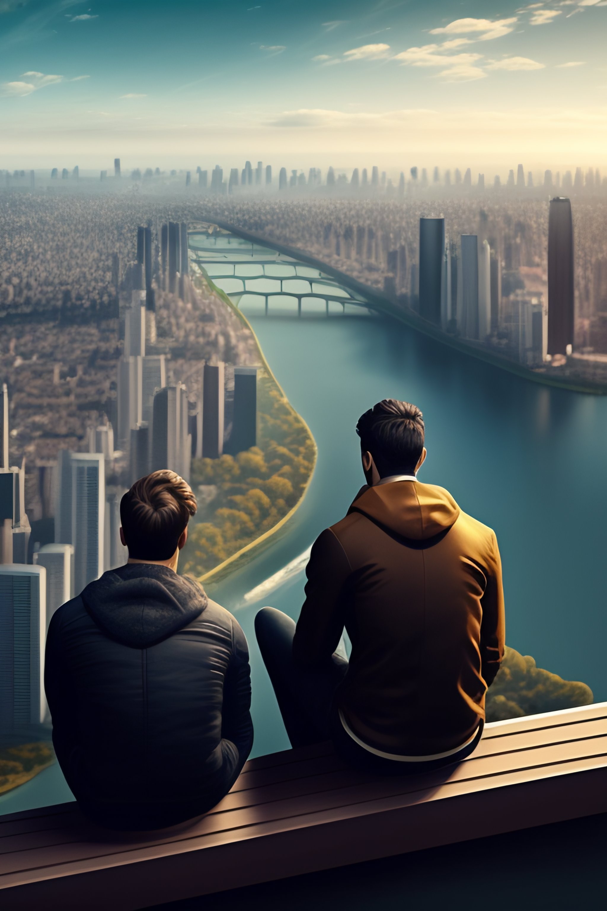 Lexica - Men sitting on a roof looking down at a city below, extremely ...