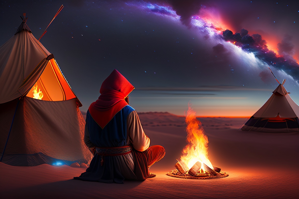 Lexica - A bedouin storyteller from the back sitting on the ground near ...