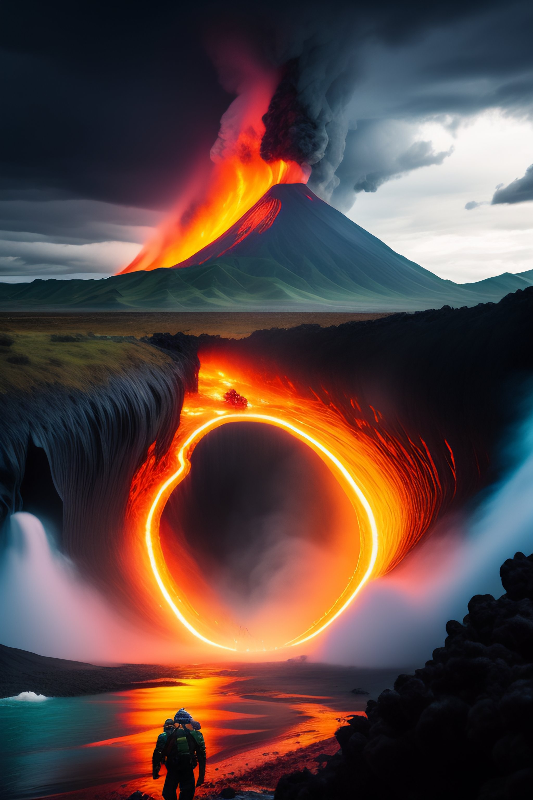 Lexica - Orc ready to cross a river of lava falling from a volcano and ...