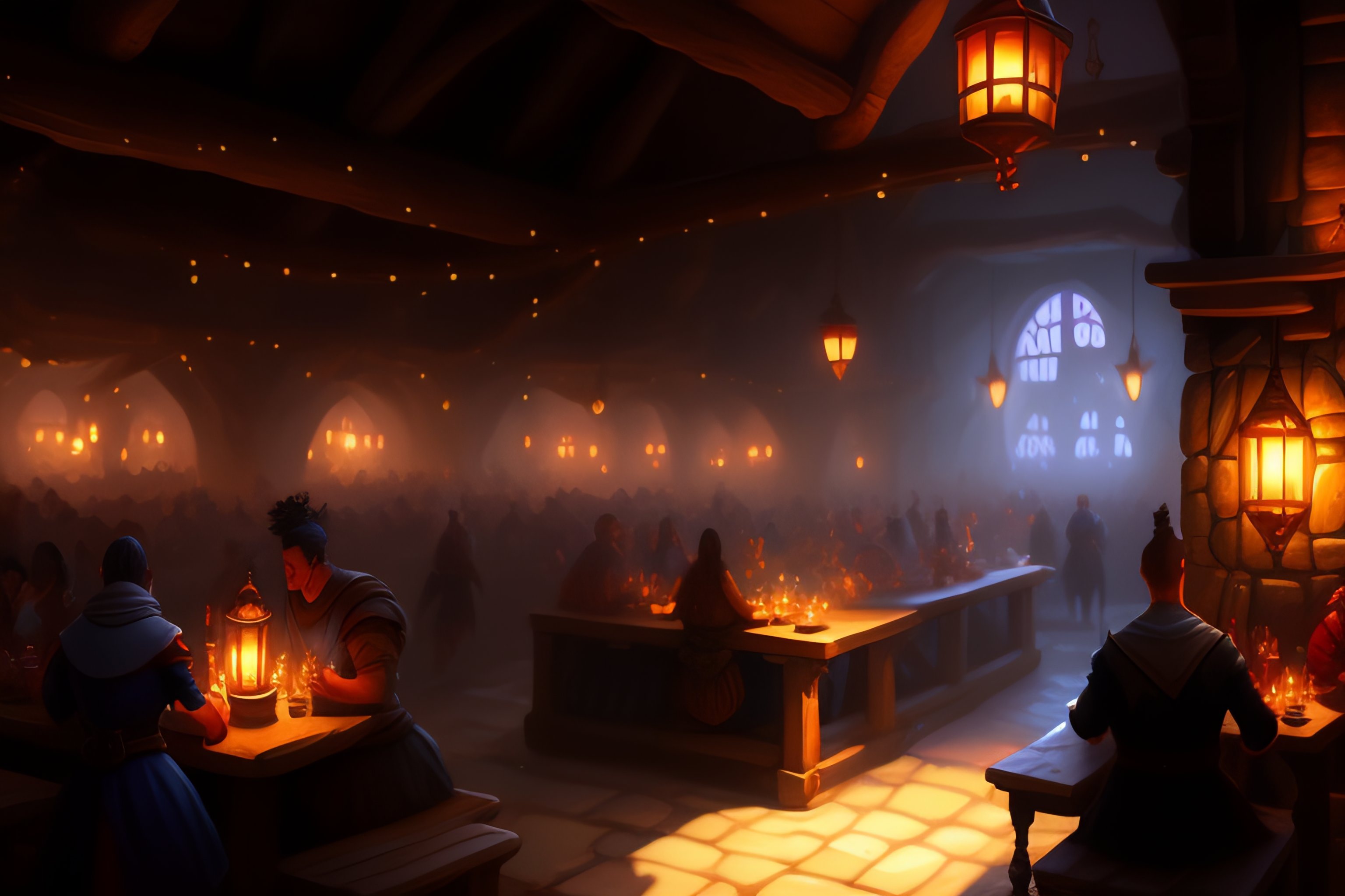Lexica - Interior crowded tavern, medieval, high fantasy, greg rukowski ...