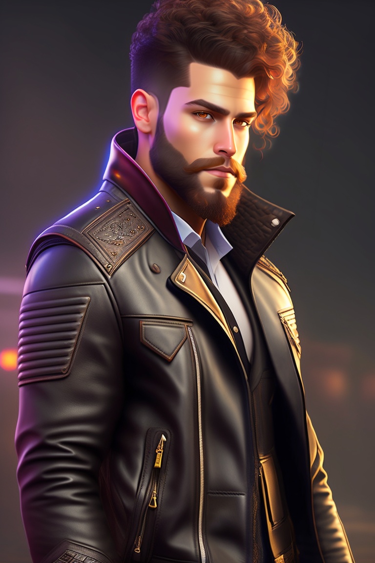 Lexica - Greek, curly hair, neat beard, biker leather jacket over body ...