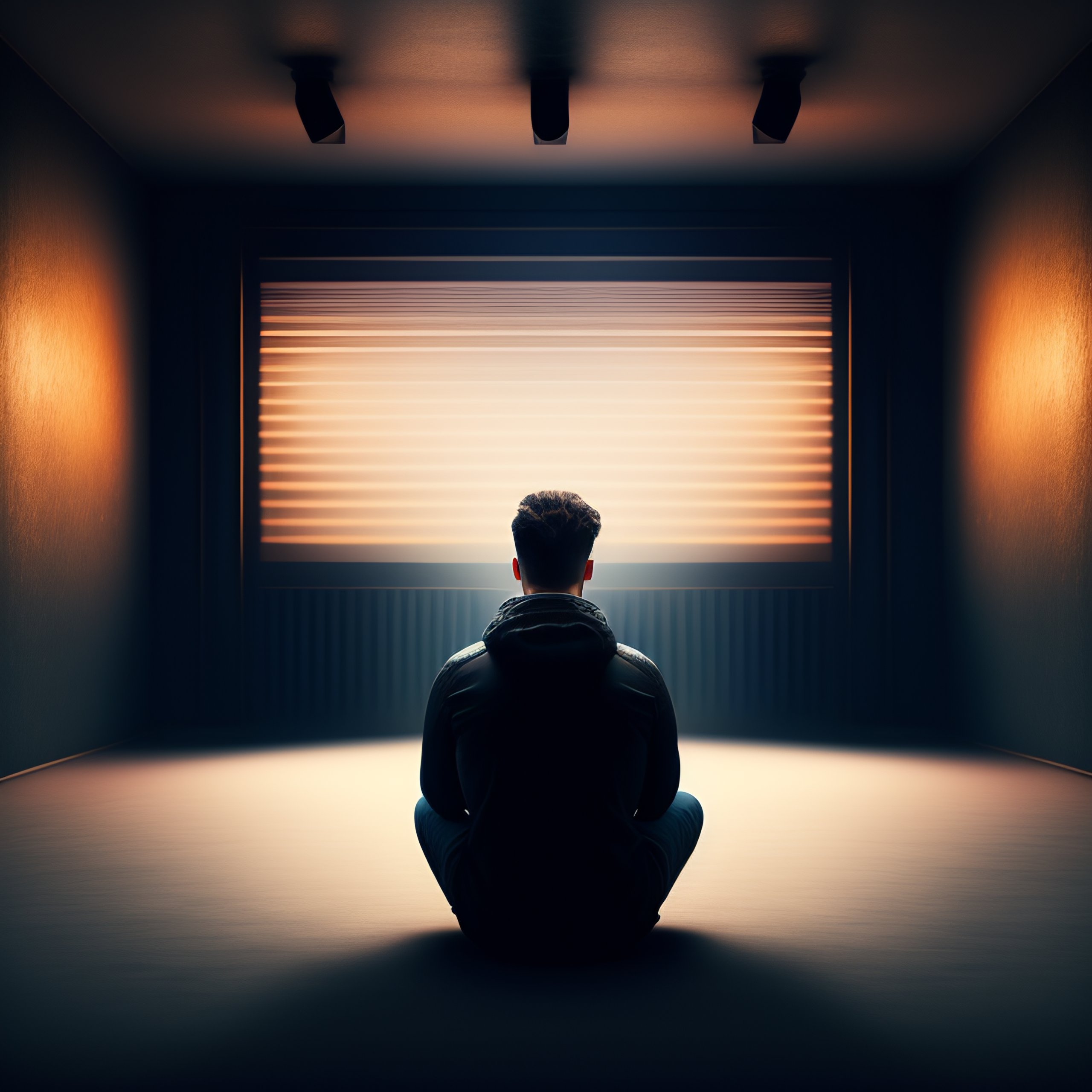 Lexica - A man sitting a completely empty black room. Black Background