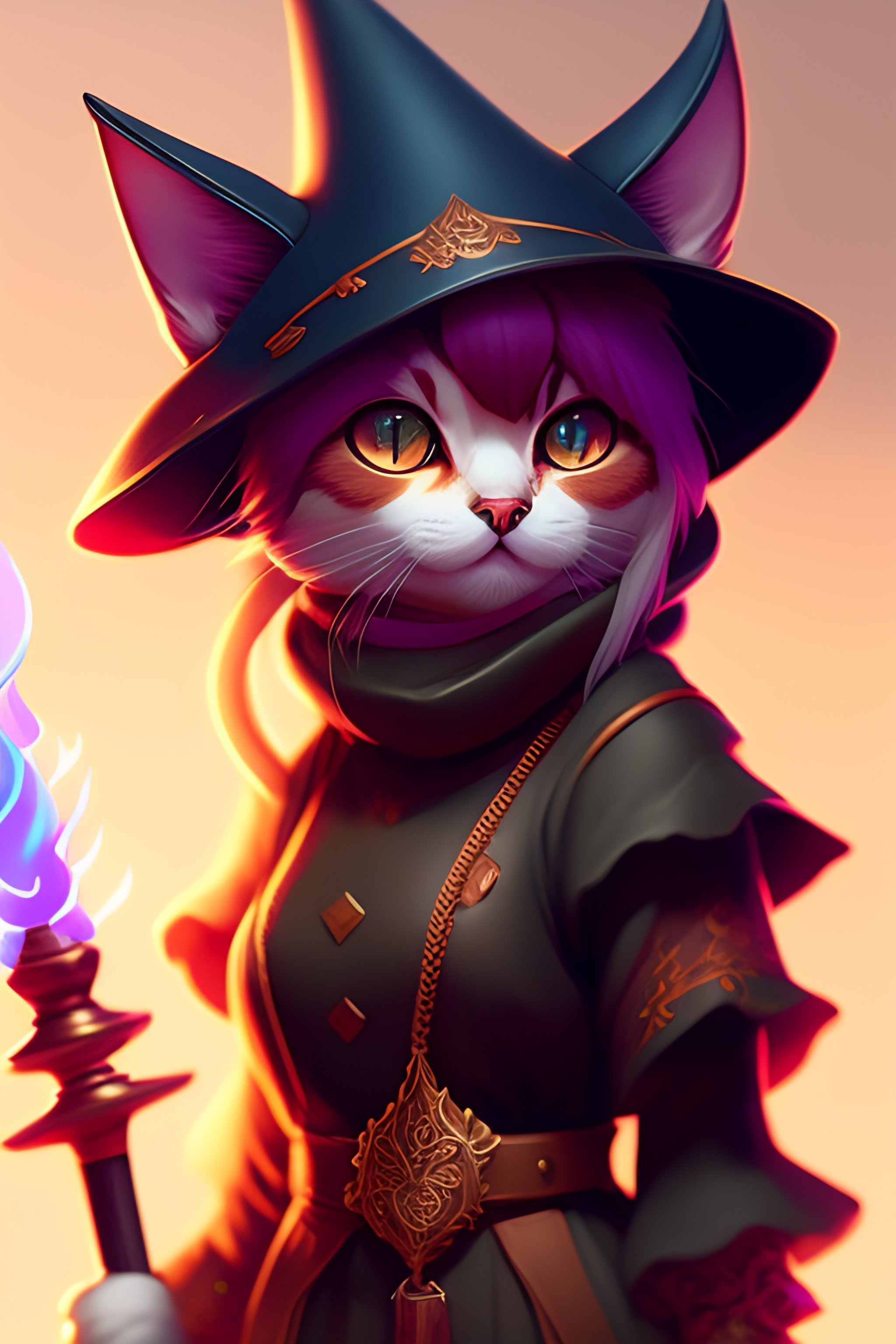 Lexica - Closeup of a cute cat witch with staff cloack and pack, D&D ...