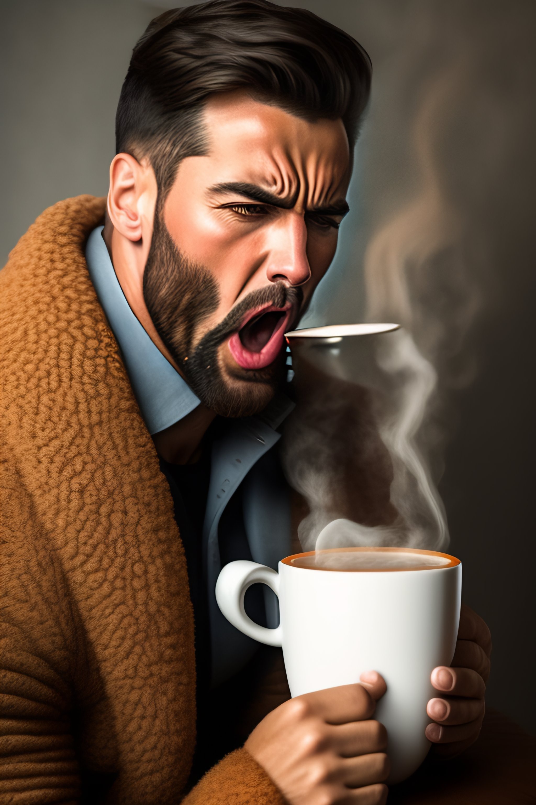 Lexica - Portrait of an angry man drinking hot coffee