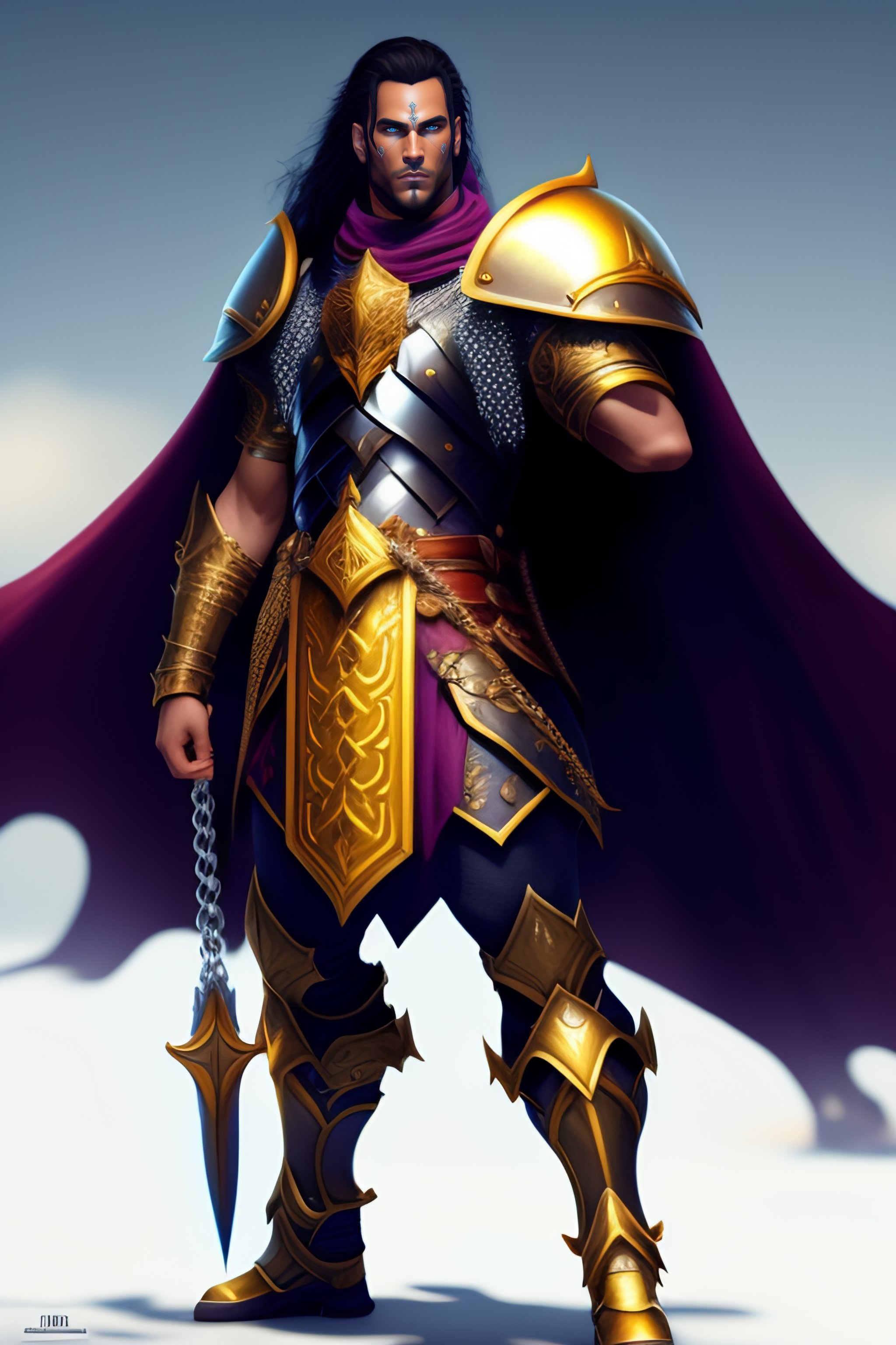 Lexica - Half Orckish male paladin, yellow eyes, chain mail, full body