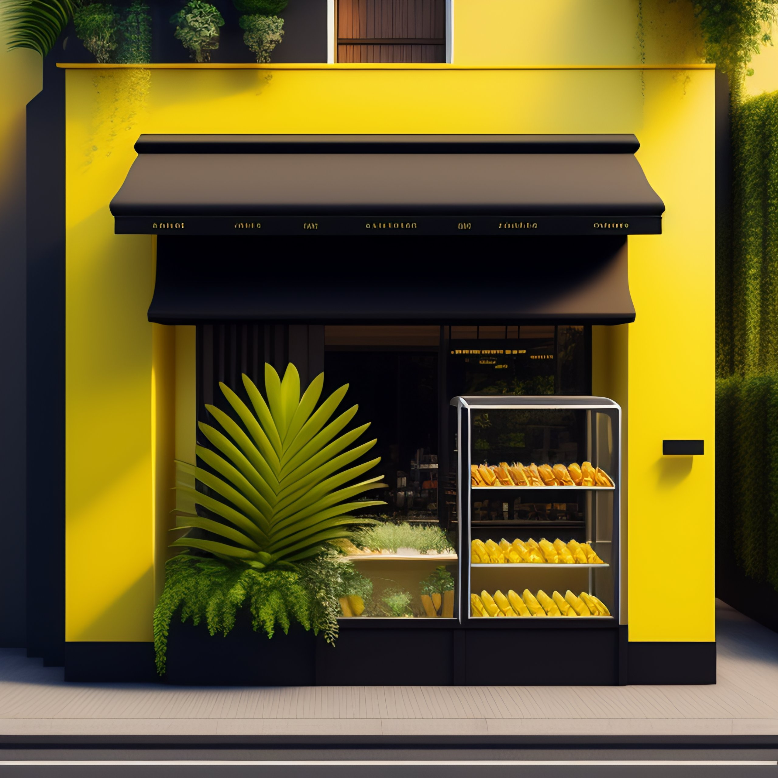 Lexica - A yellow gelato shop facade with tropical plants, minimalist ...