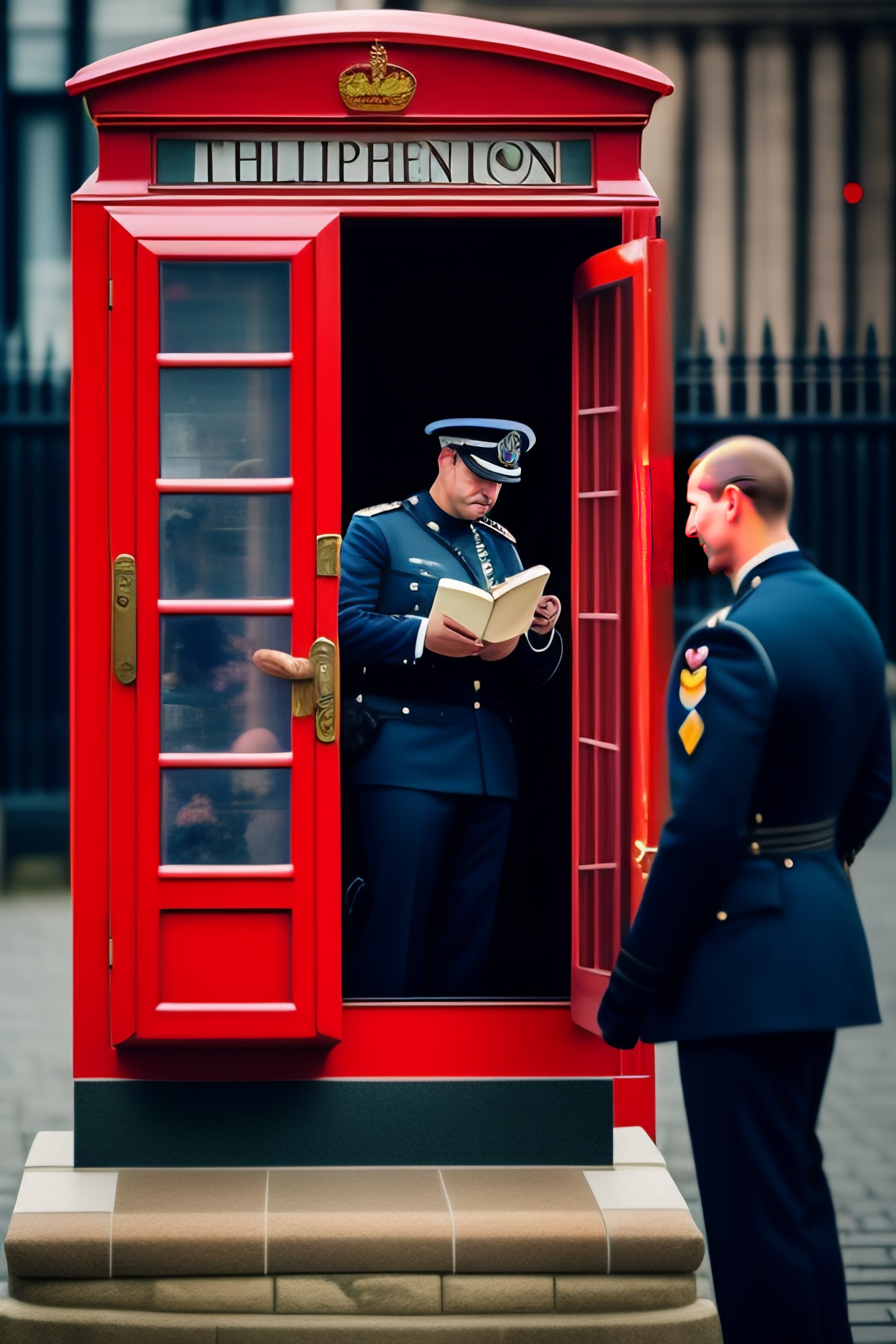 Lexica - British policeman reading a book in a telephone box
