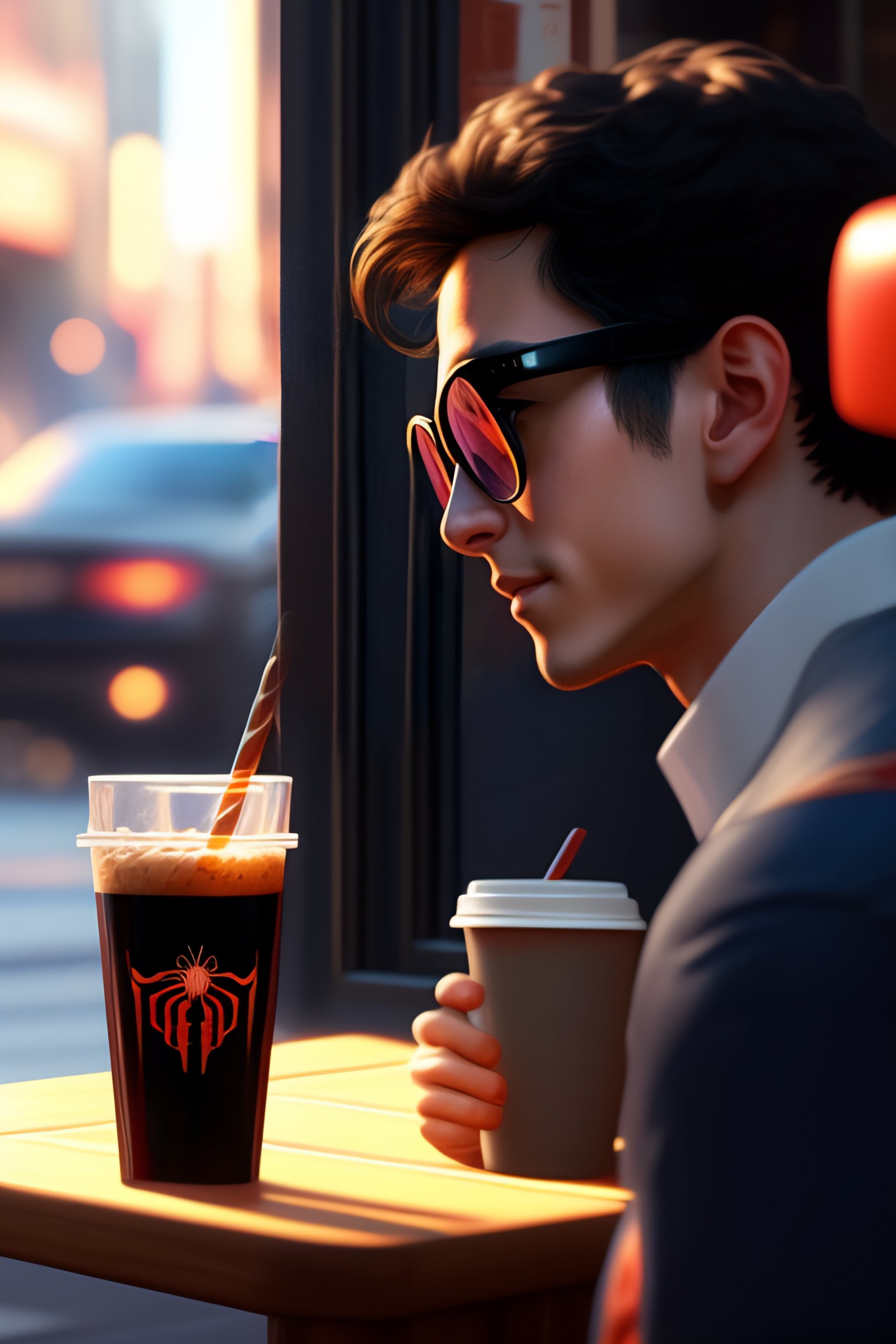 Lexica - Spider-Man wayfarer glasses sitting inside cafe drinking ...