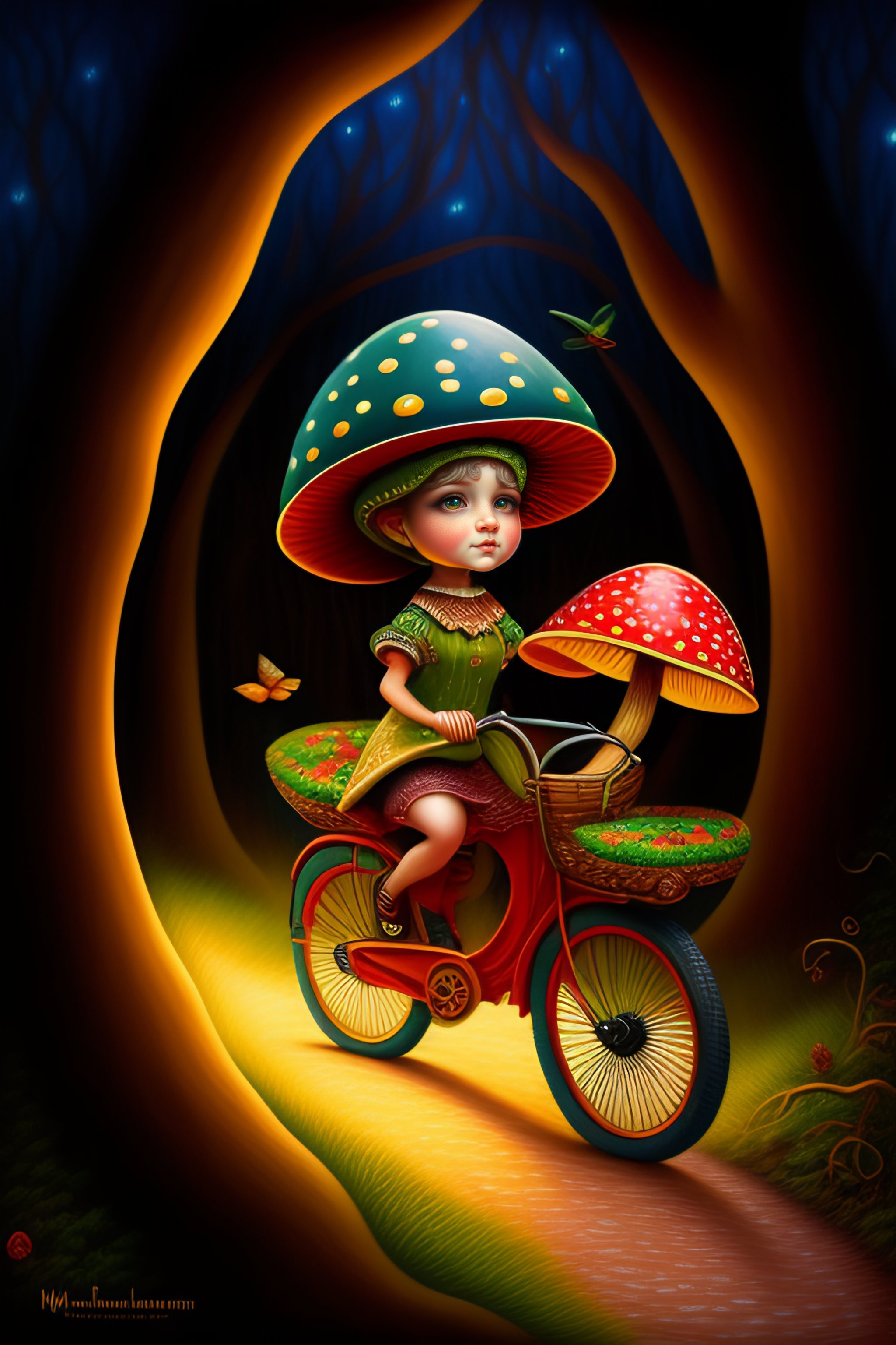 Lexica - Intricate detailed mushroom elf riding bicycle in a dark ...