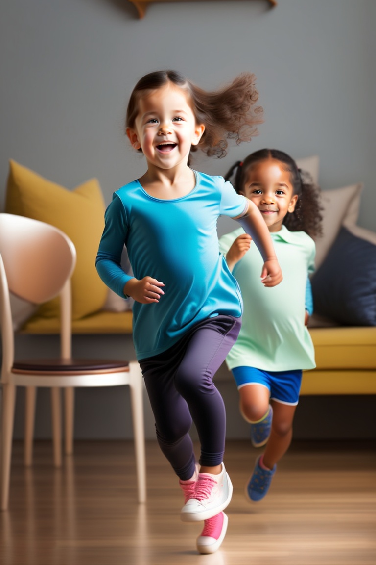 Lexica - Children,running, butterfly pose, indoor{table in background}