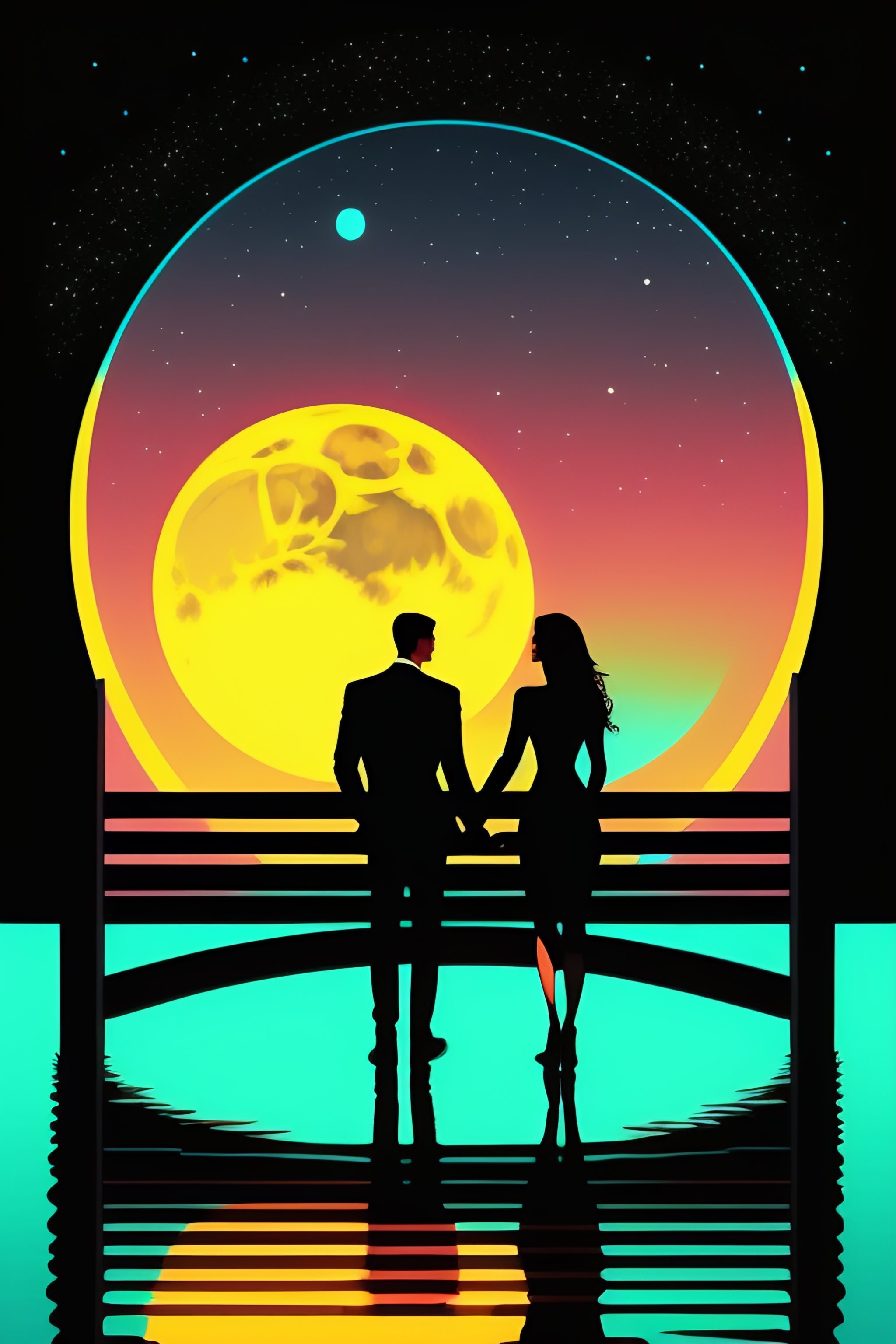Lexica - Couple contemplating the moon from a bridge, neon drawing ...