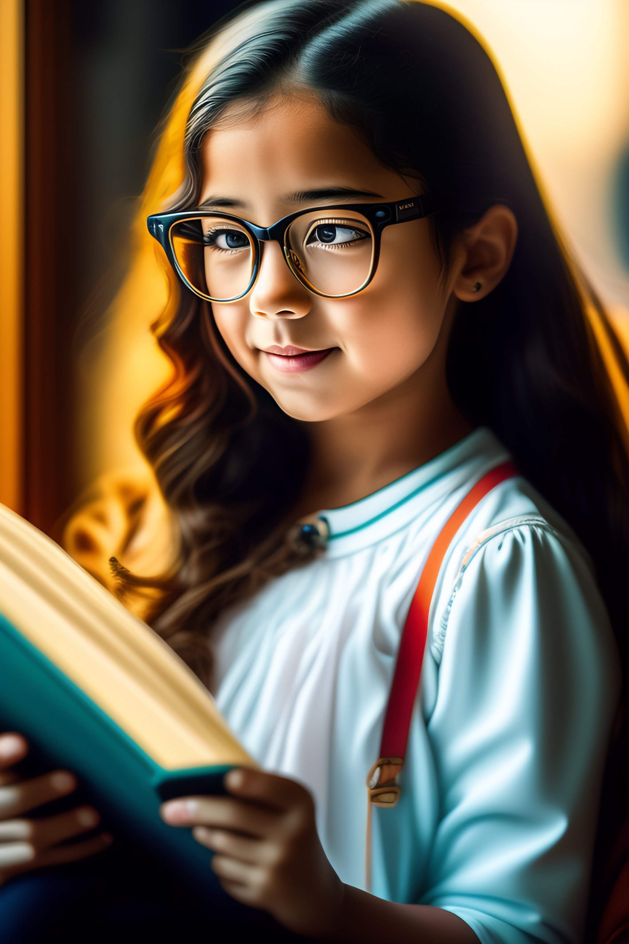 Lexica - Girl wearing glasses reading a book while the story comes ...