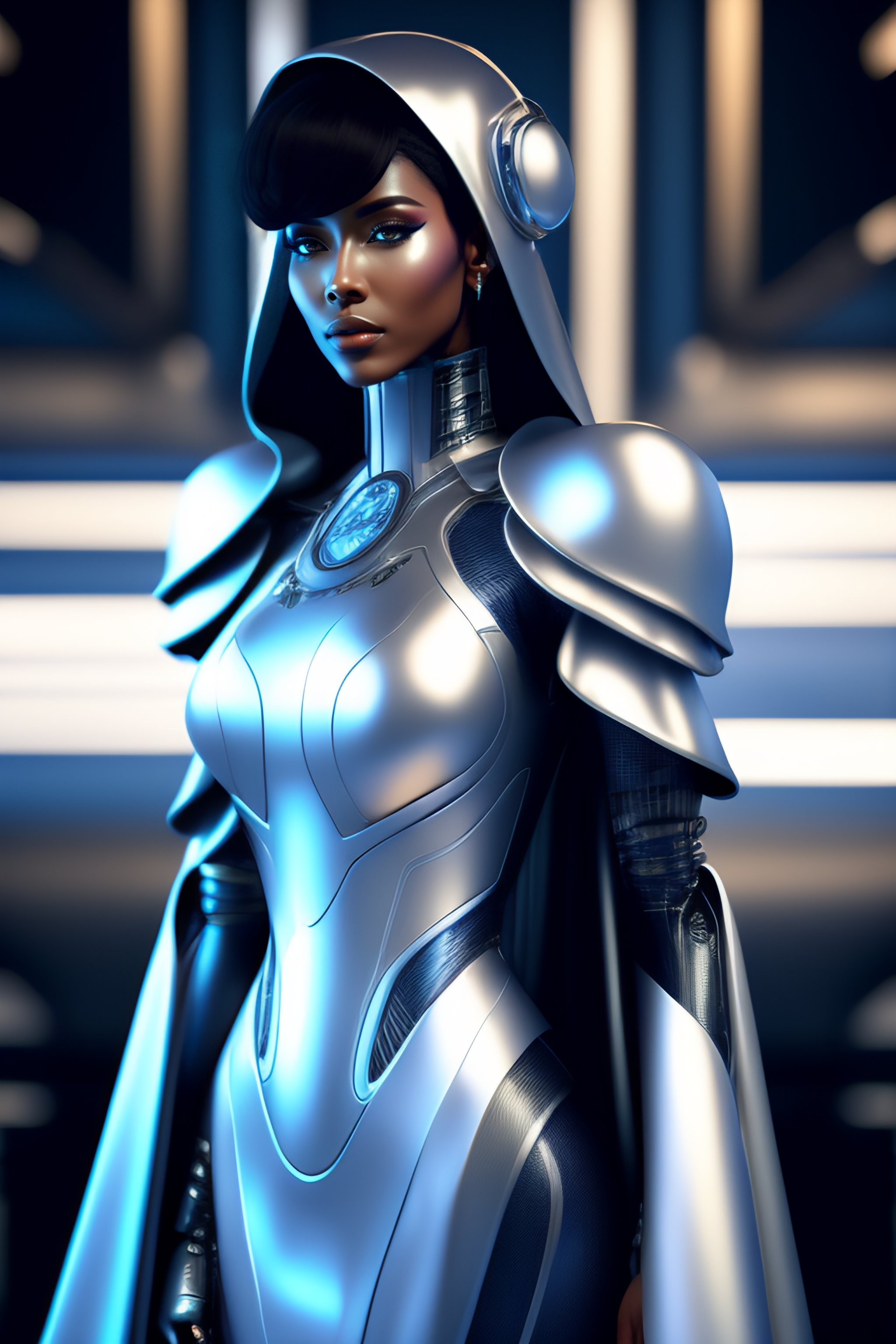 Lexica - Futuristic androgyn metal robot, with a silver white long ...