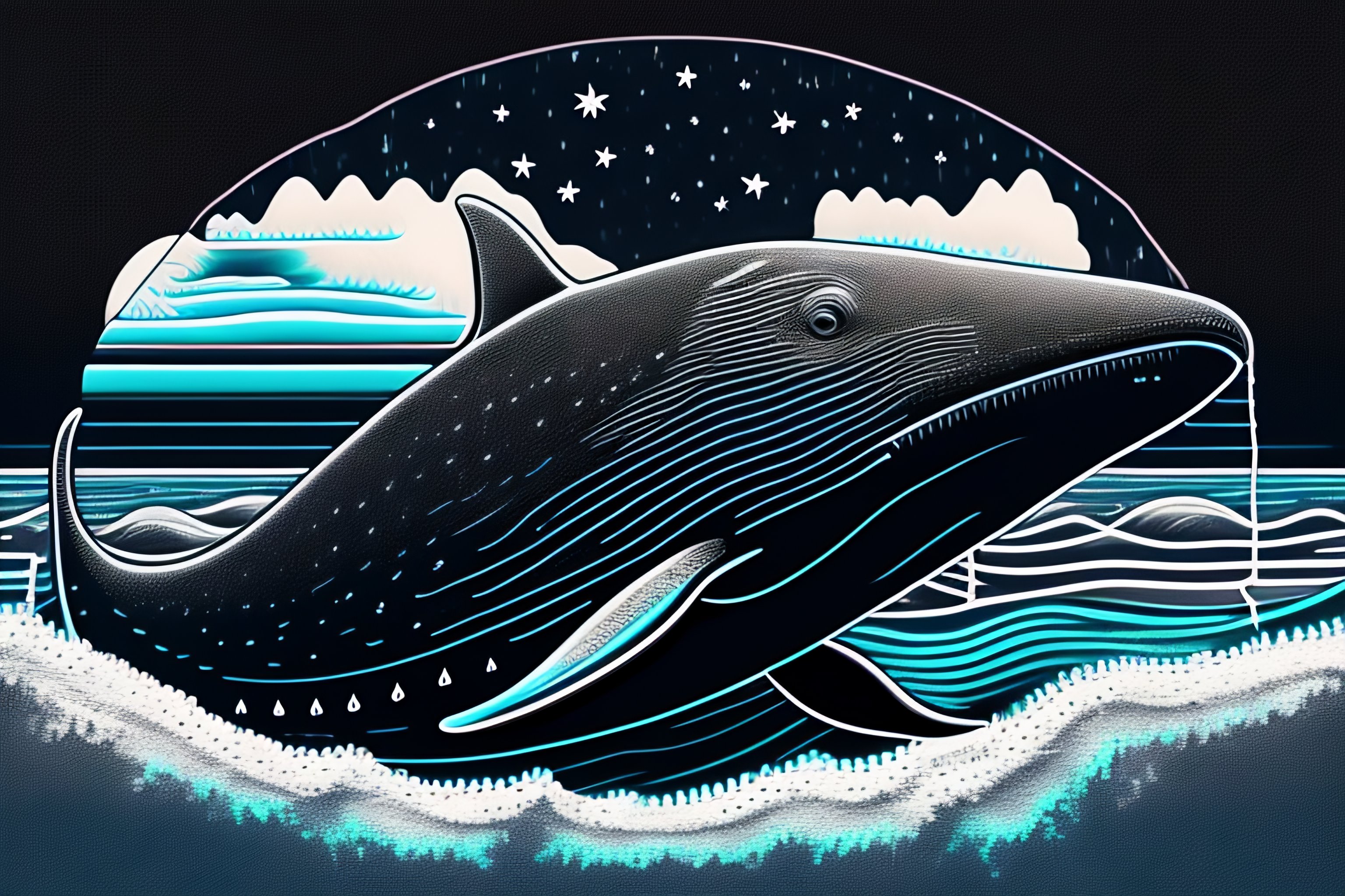 Lexica - A text written "The Money Whale", black and white, neon, ocean ...