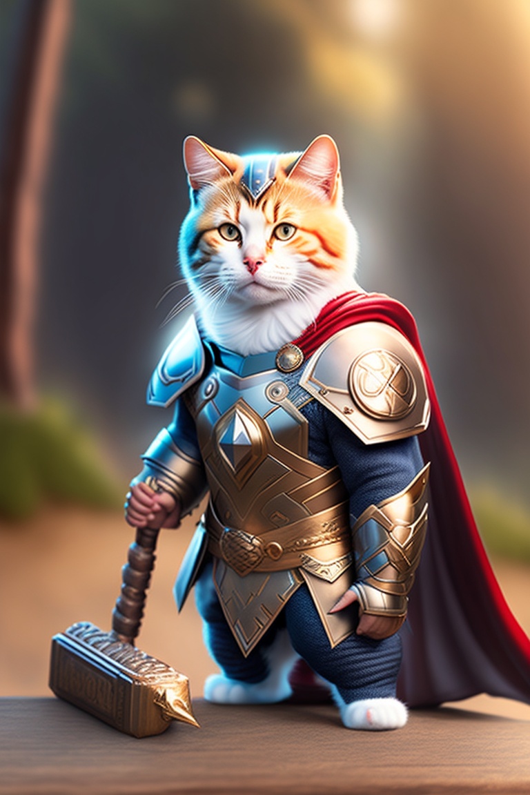 Lexica - The cat wearing Thor's armor, holding Thor's hammer