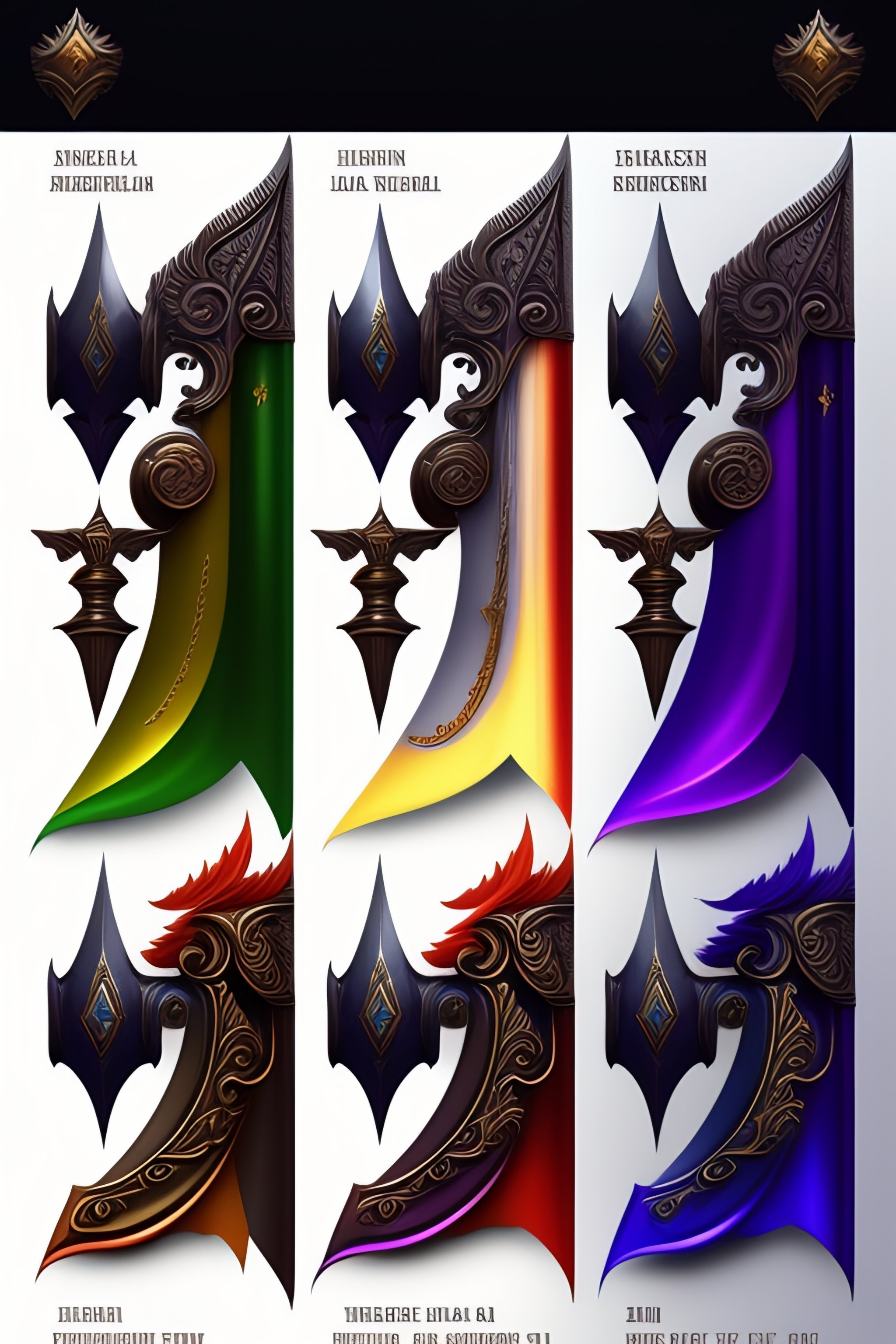 Lexica - Design sheet of various magic fantasy weapons, varied colors