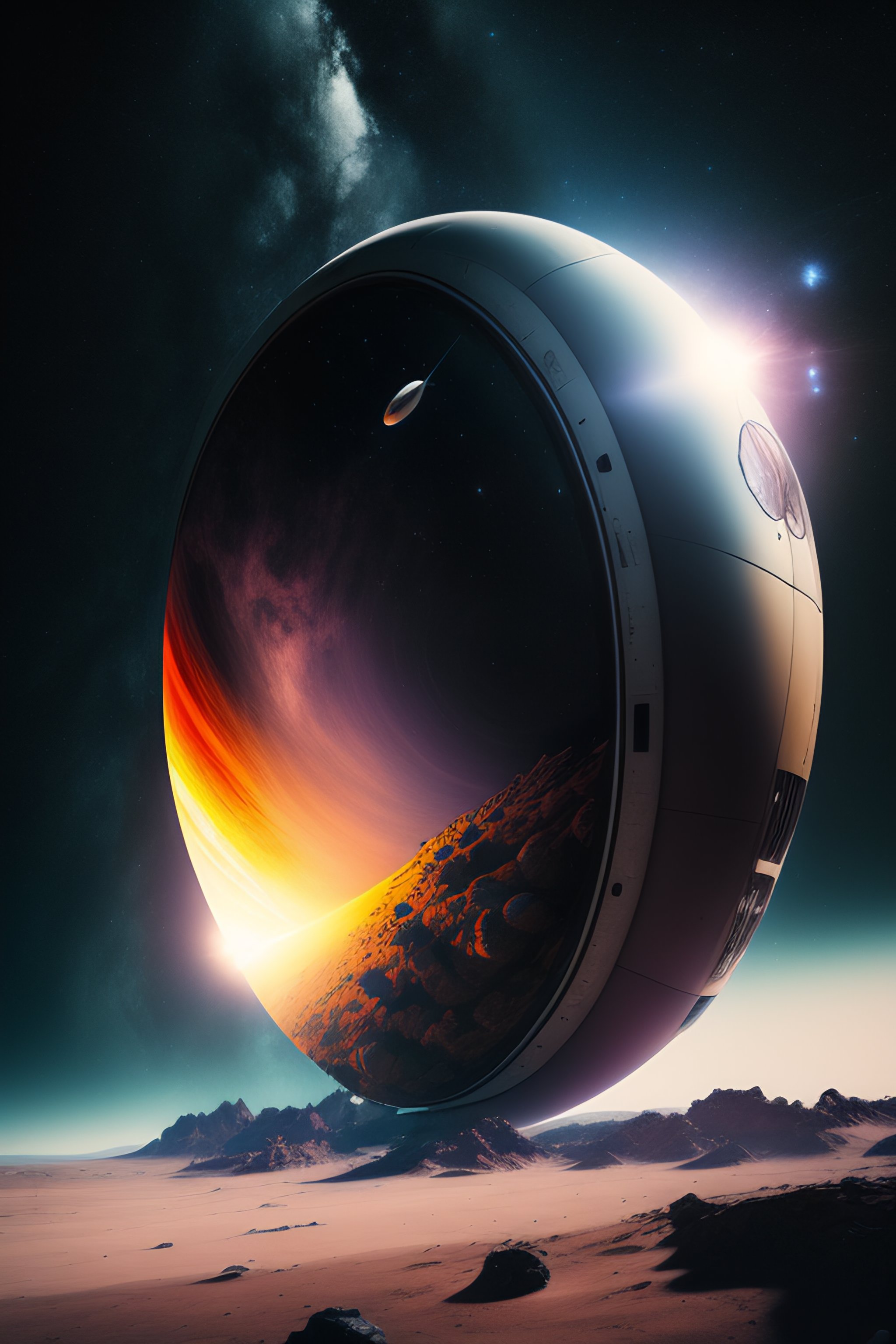 Lexica - Crash starship in space near suturn , slate gray atmosphere