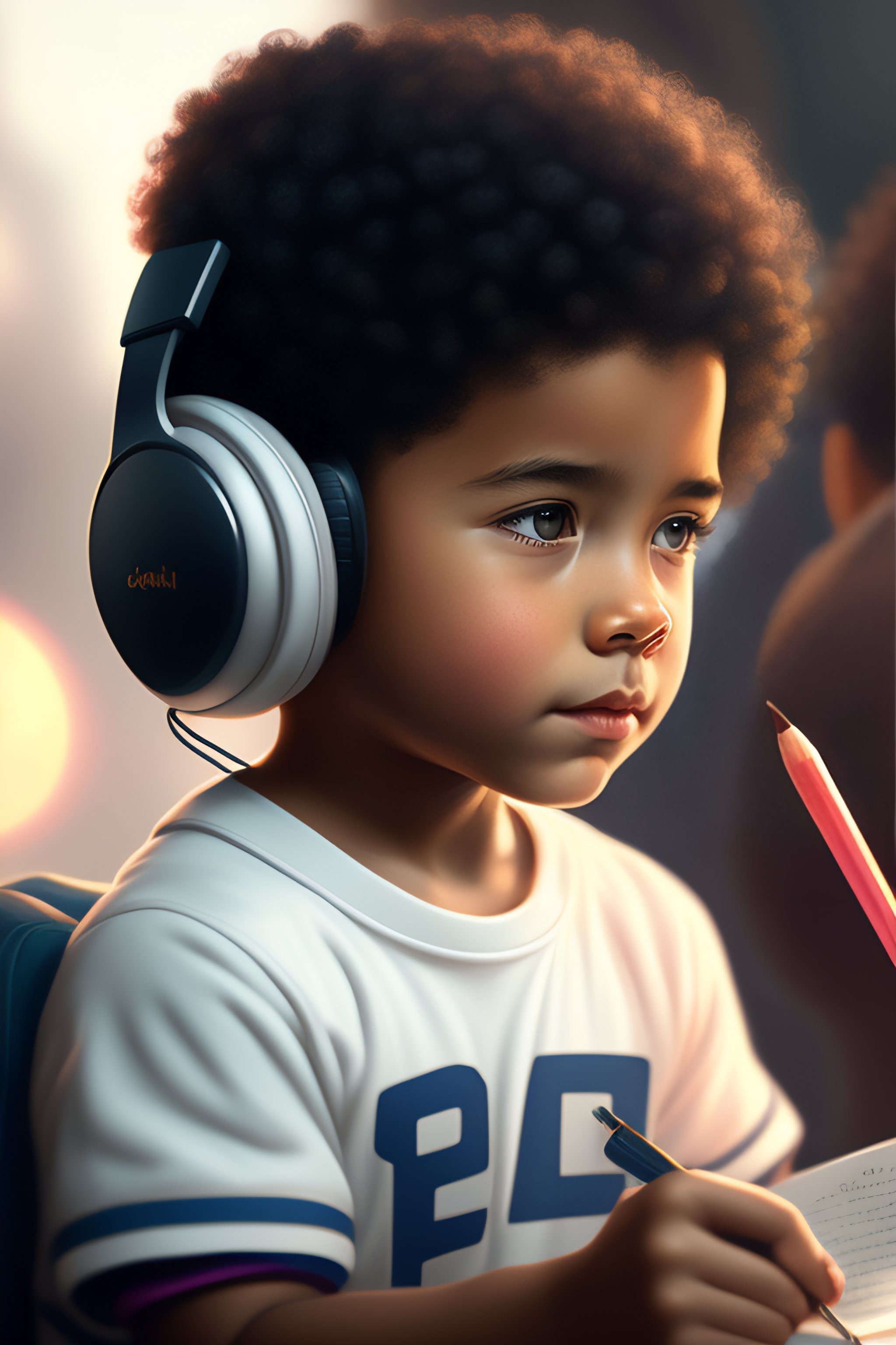 Lexica - A young kid writing on a notepad, white kid, curly hair ...