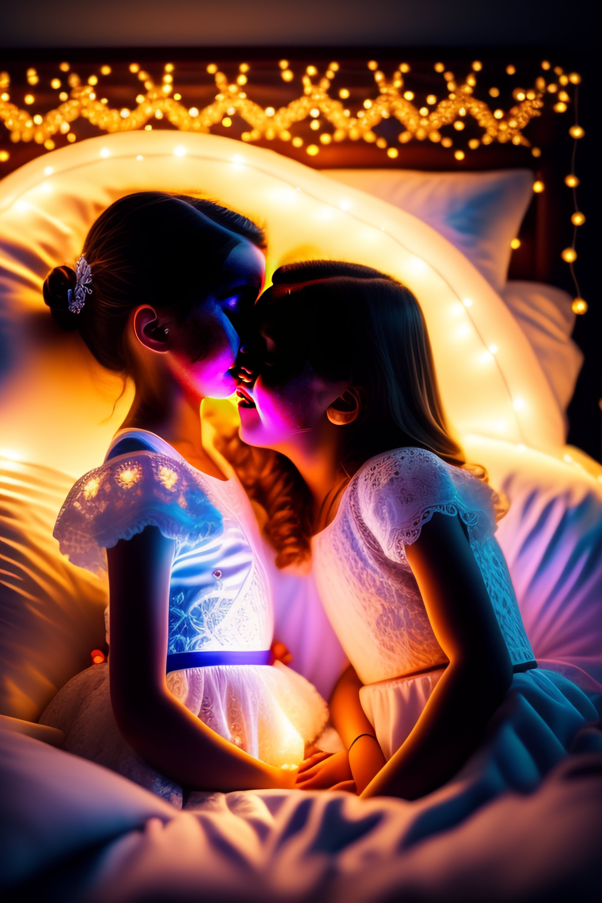 Lexica - Beautiful, photo-realistic picture of two ten year old girls kissing and in bed ...